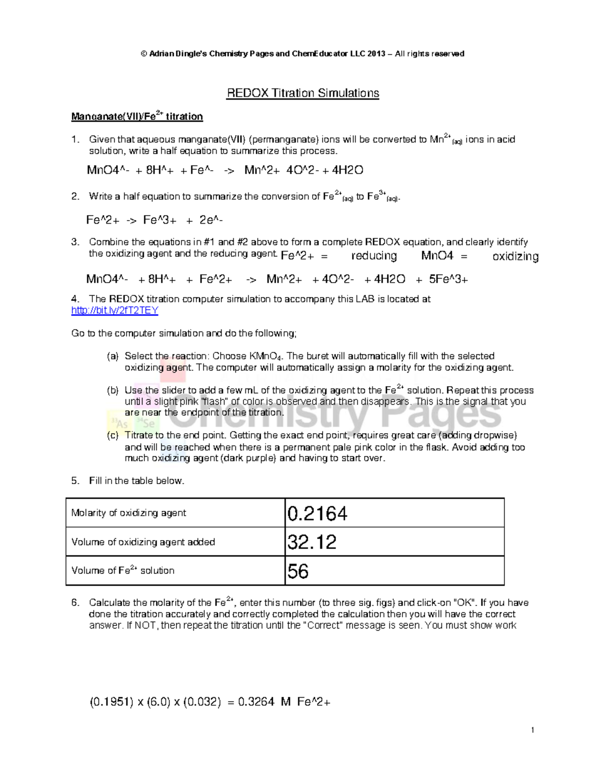 Redox Titration Simulation Lab Fillable - Adrian Chemistry Pages and ...