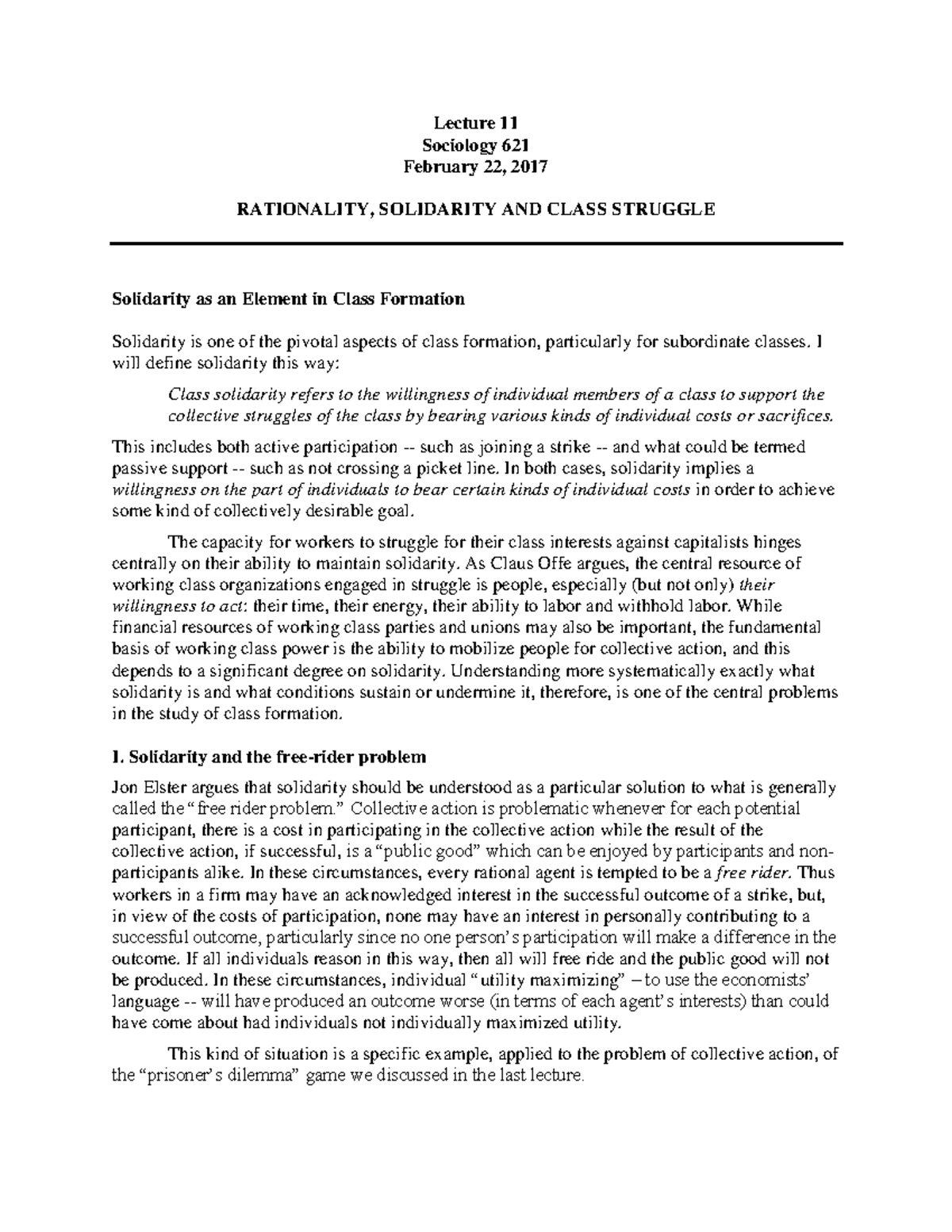 Rationality, Solidarity AND Class Struggle - Lecture 11 Sociology 621 ...
