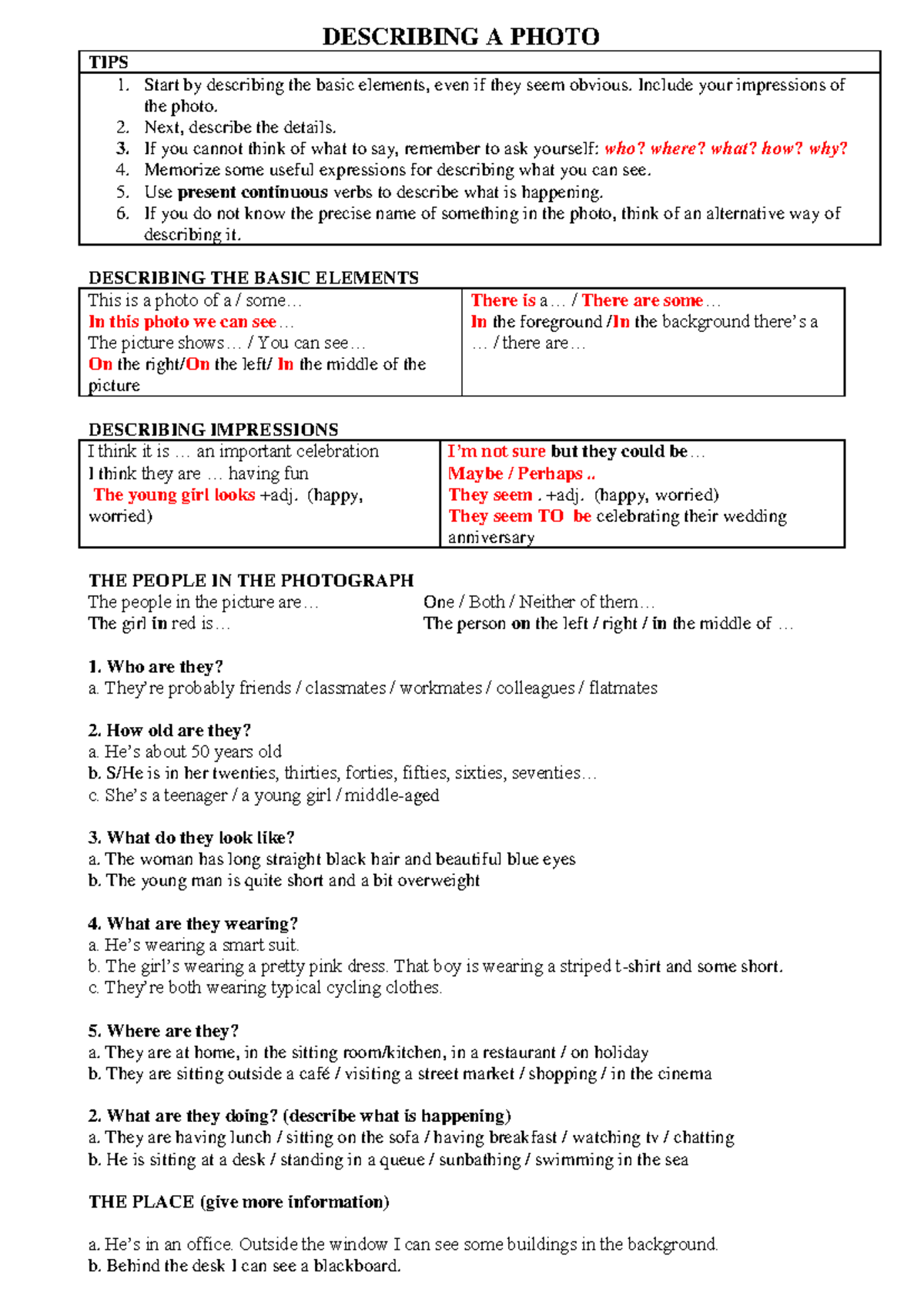 Tips Describing A Photo 2 - DESCRIBING A PHOTO TIPS Start by describing ...