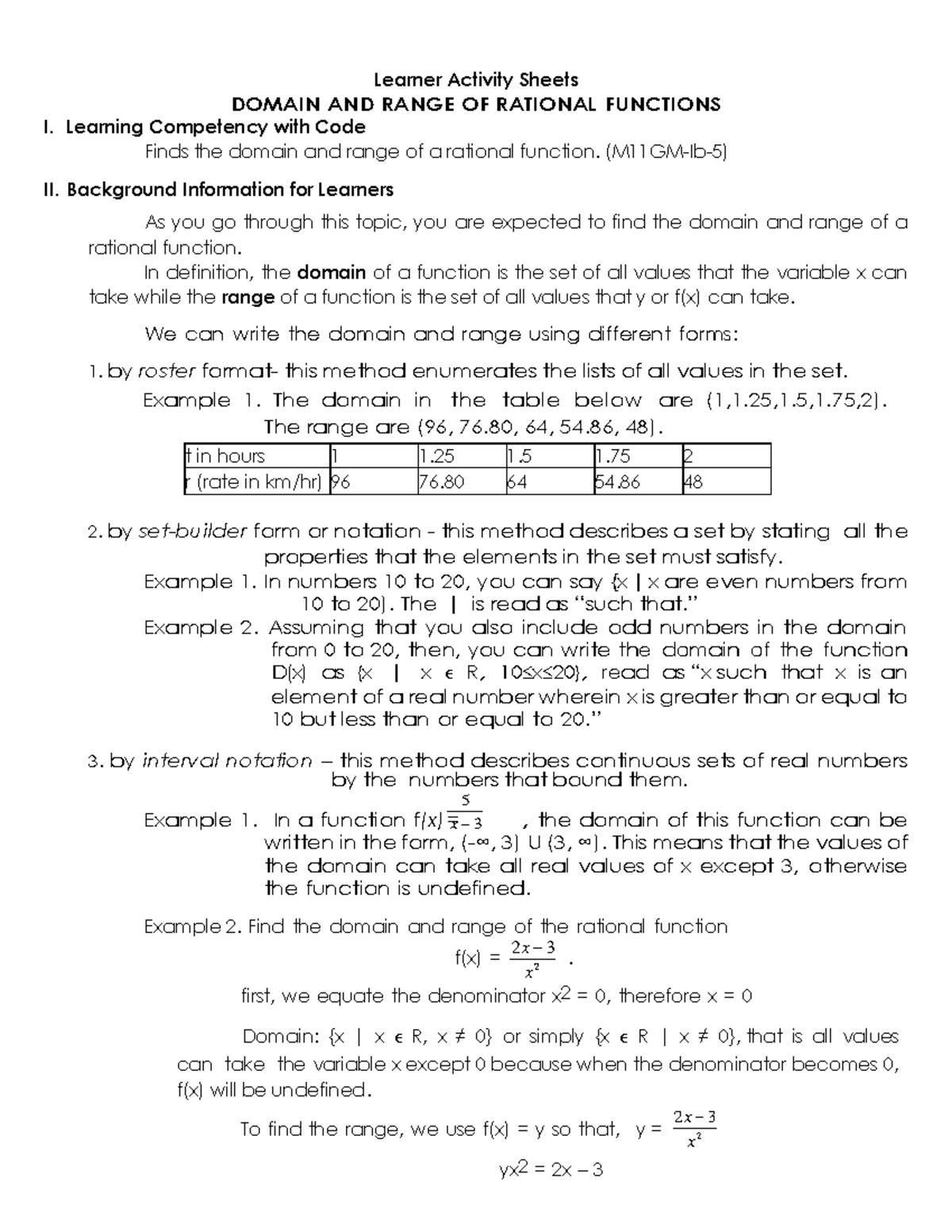 Genmath LAS 9-10 - goodluck - Learner Activity Sheets DOMAIN AND RANGE ...