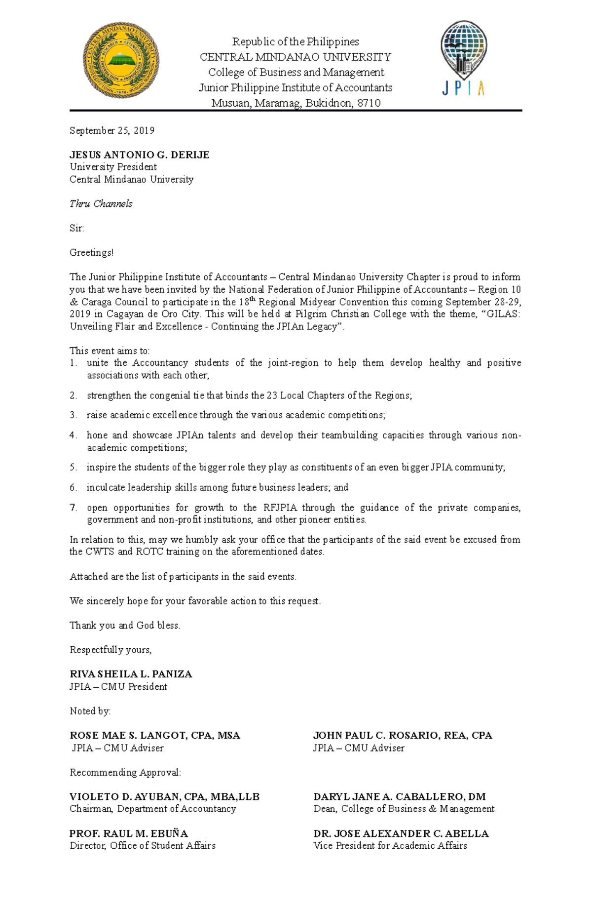 Letter for NSTP - Republic of the Philippines CENTRAL MINDANAO ...
