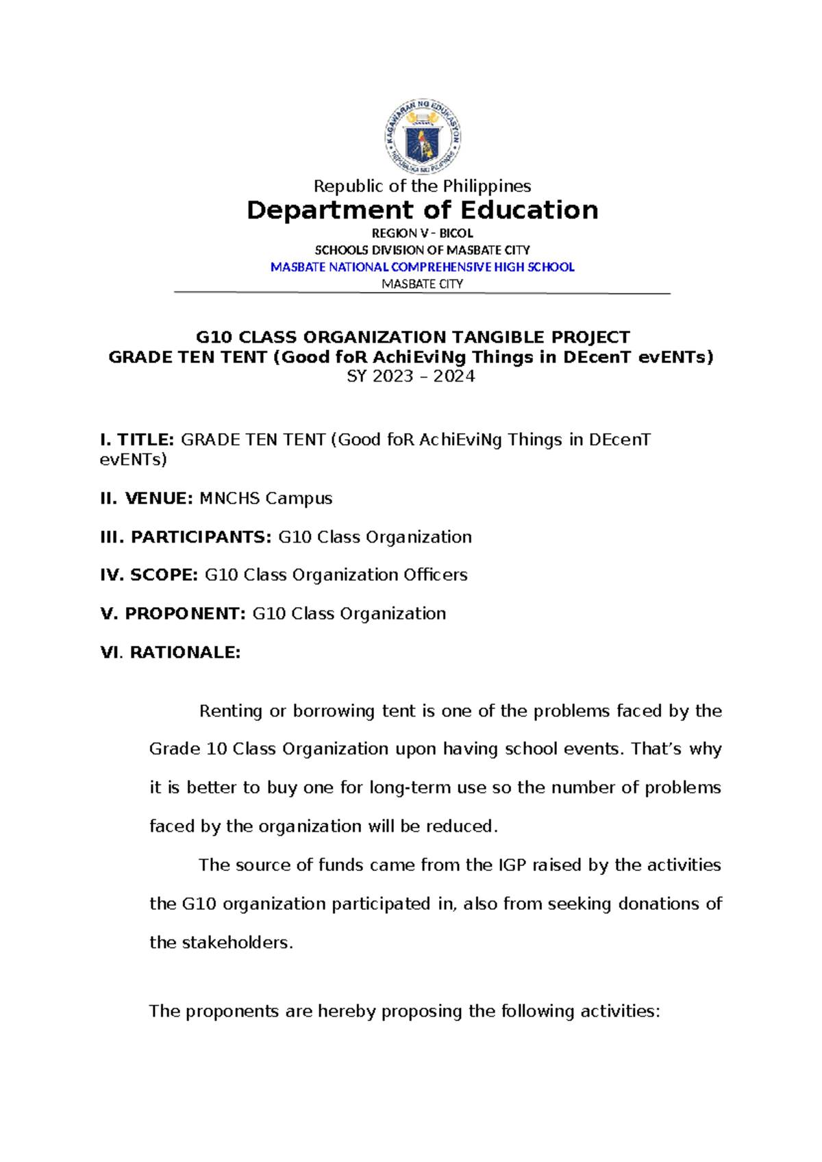 Proposal - Republic of the Philippines Department of Education REGION V ...