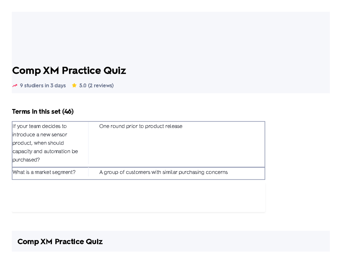 Comp XM Practice Quiz - MCQ - Comp XM Practice Quiz 9 studiers in 3 ...