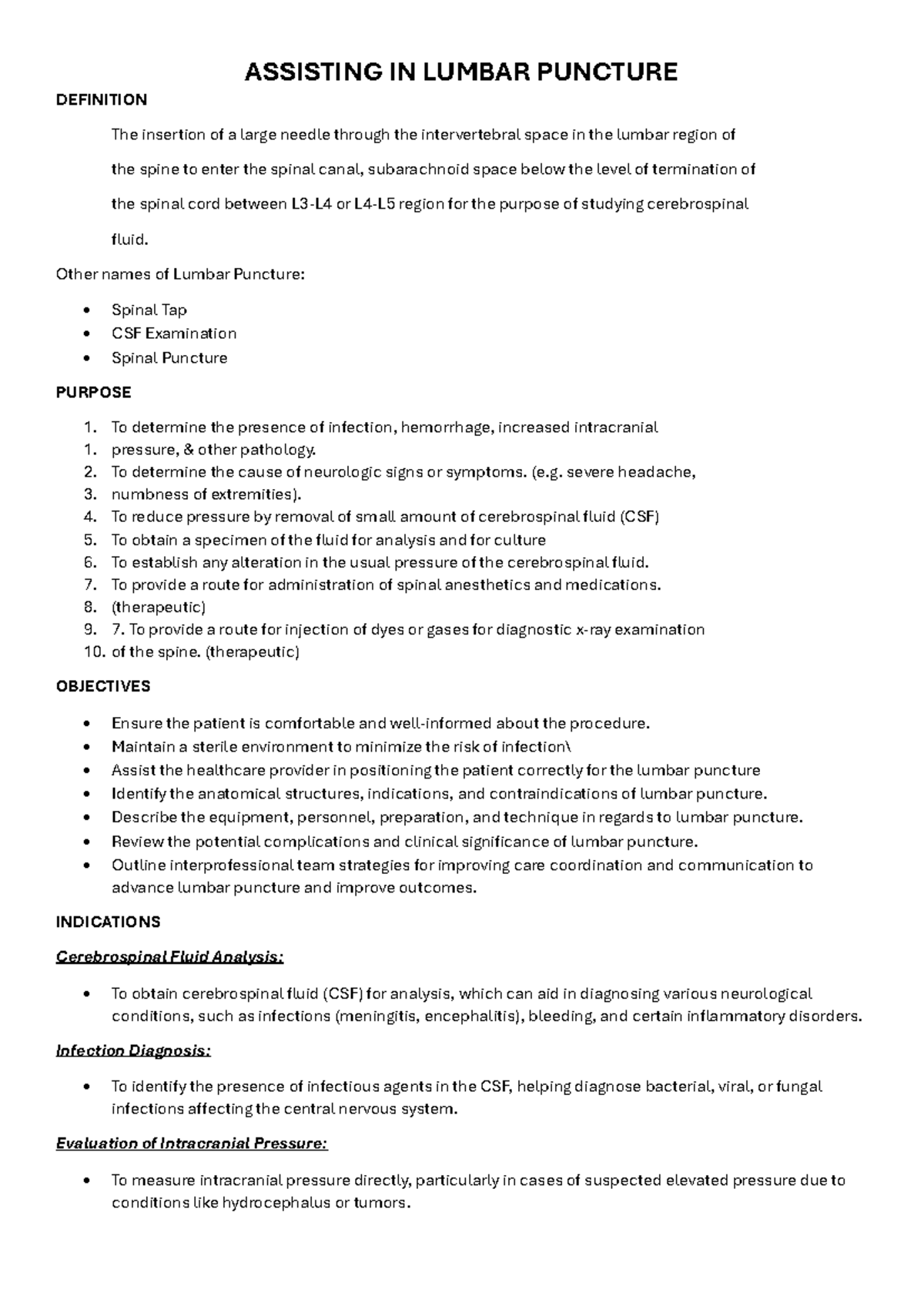 Assisting IN Lumbar Puncture - DEFINITION The insertion of a large ...
