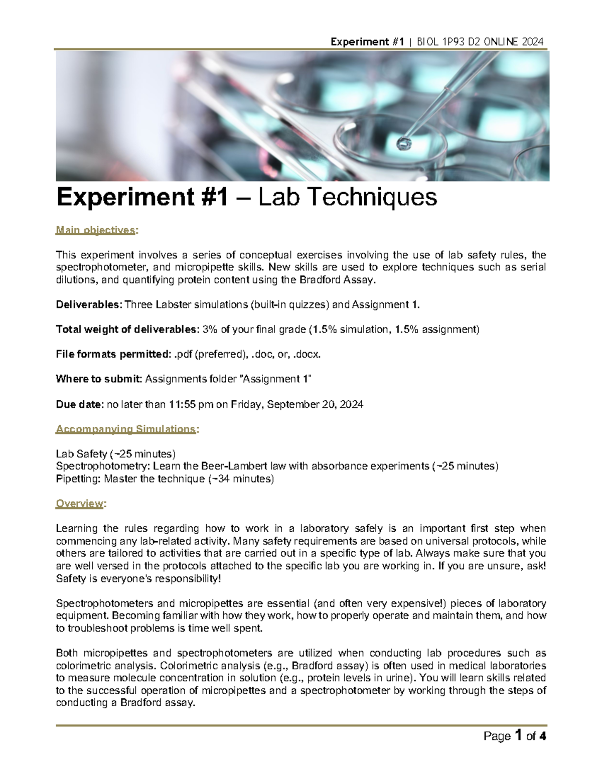 Assignment 1 - Outline FW 2024 - Experiment #1 – Lab Techniques Main objectives: This experiment ...