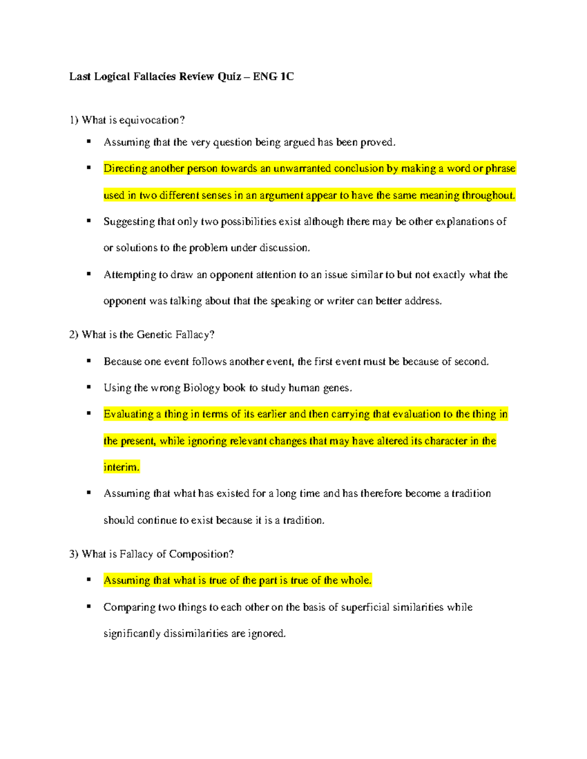 Clear Thinking in Writing - Last Logical Fallacies Review Quiz - Last ...