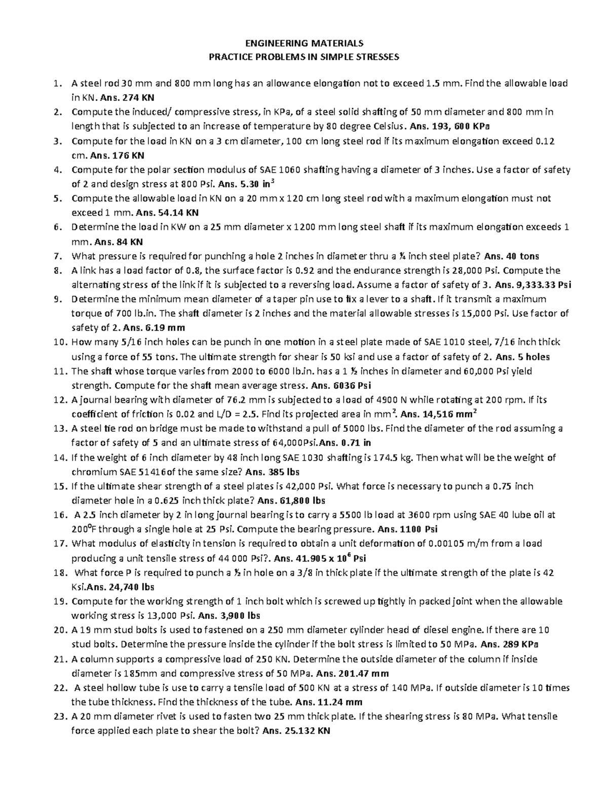 Pdfcoffee pdf pdf pdf - ENGINEERING MATERIALS PRACTICE PROBLEMS IN SIMPLE STRESSES A steel rod ...