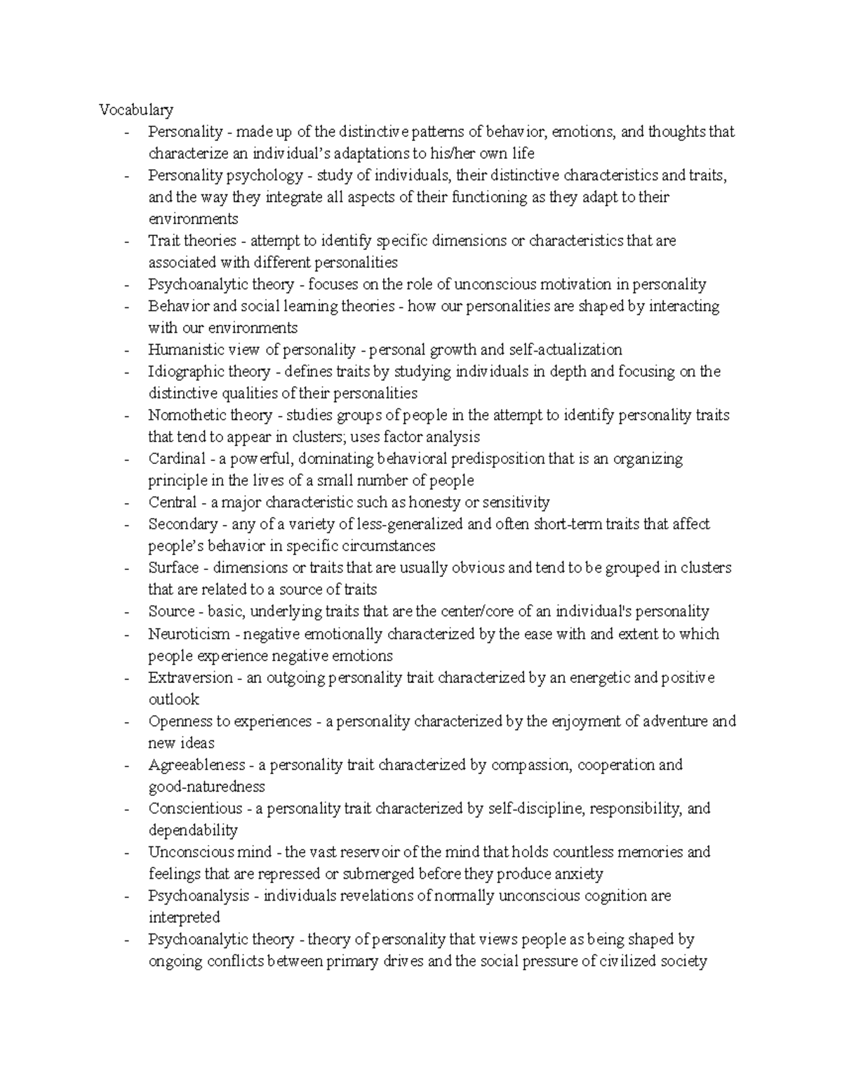 Chapter 14 - Study Guide - Vocabulary - Personality - made up of the ...