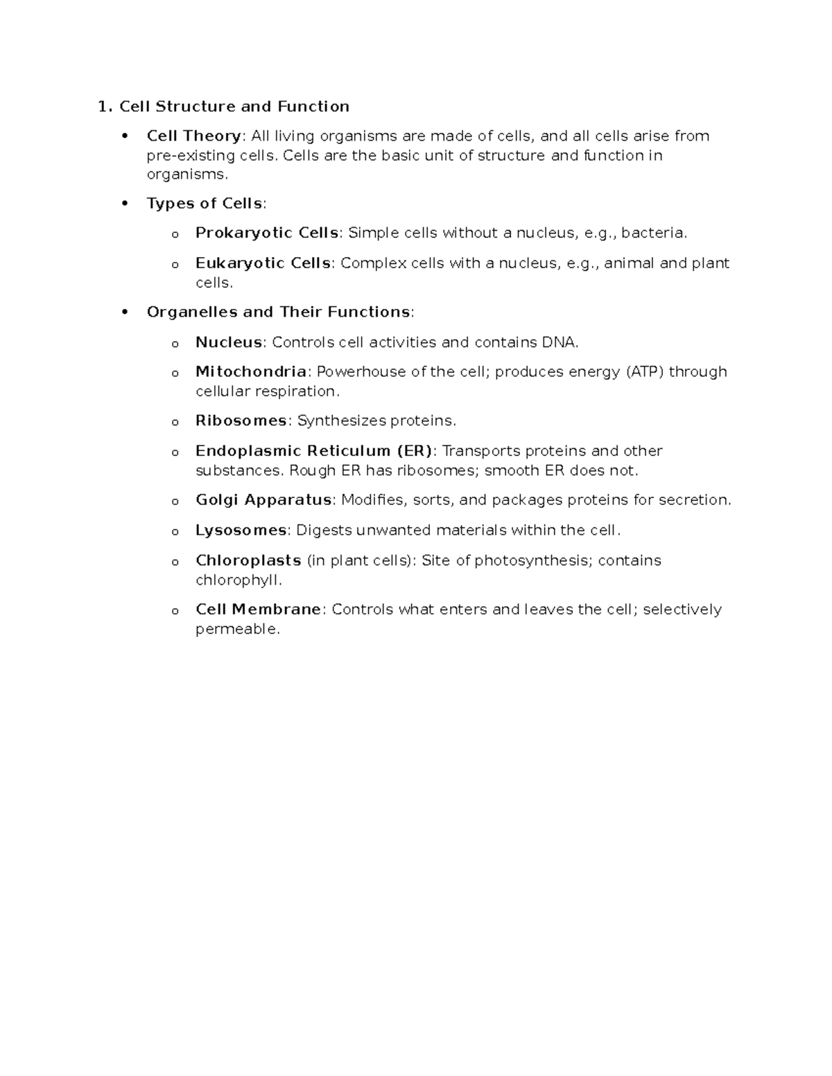 Biology Note 1 - 1. Cell Structure and Function Cell Theory: All living ...