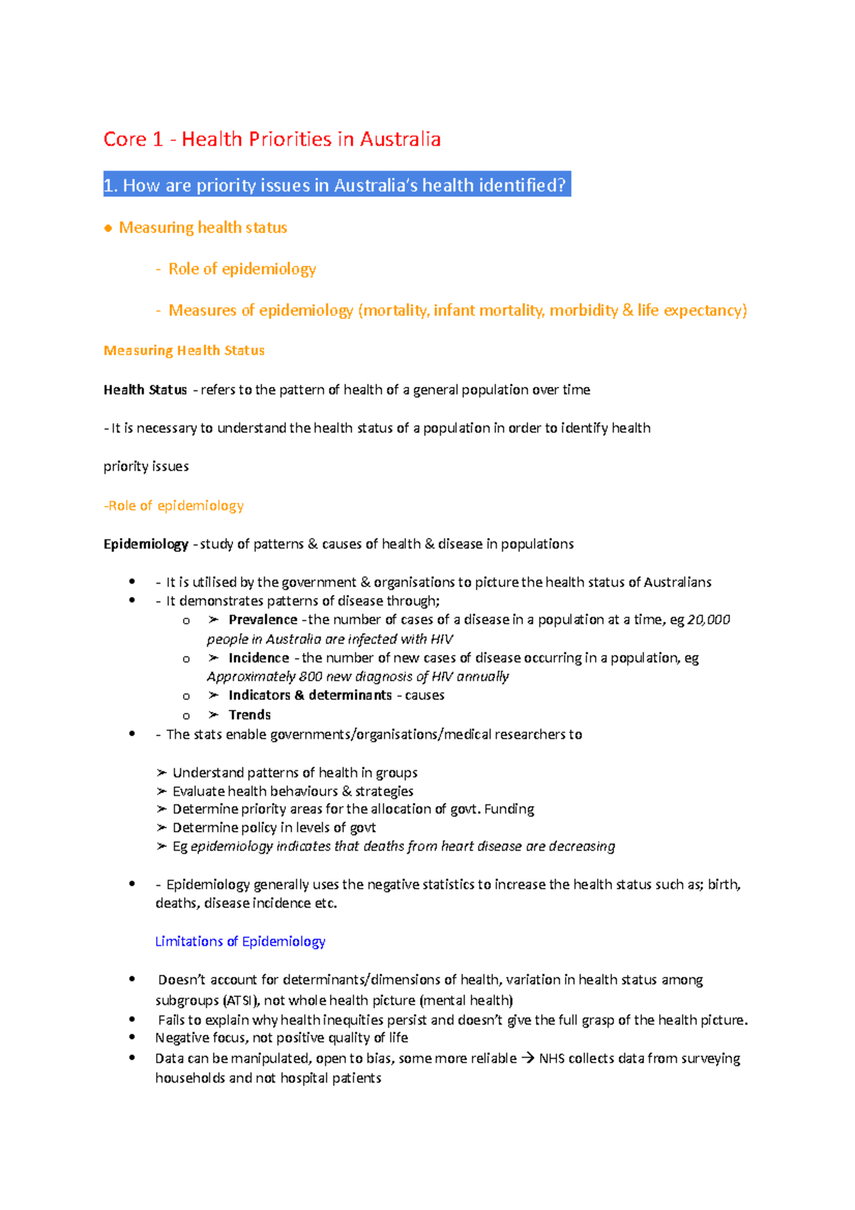 Core 1 Pdhpe notes mine - Core 1 - Health Priorities in Australia 1 ...