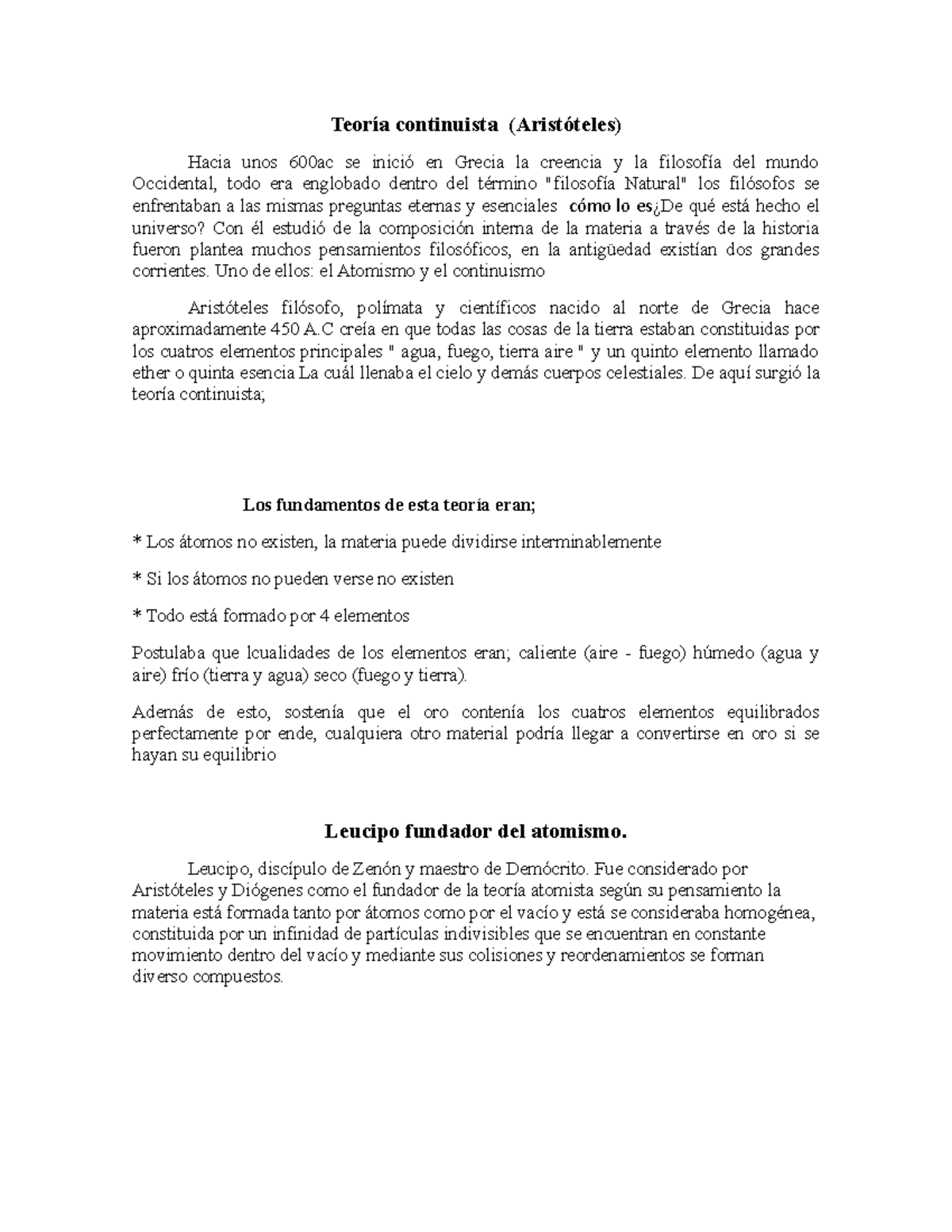 Teoría atómica de Aristóteles - Teoría continuista (Aristóteles) Hacia ...