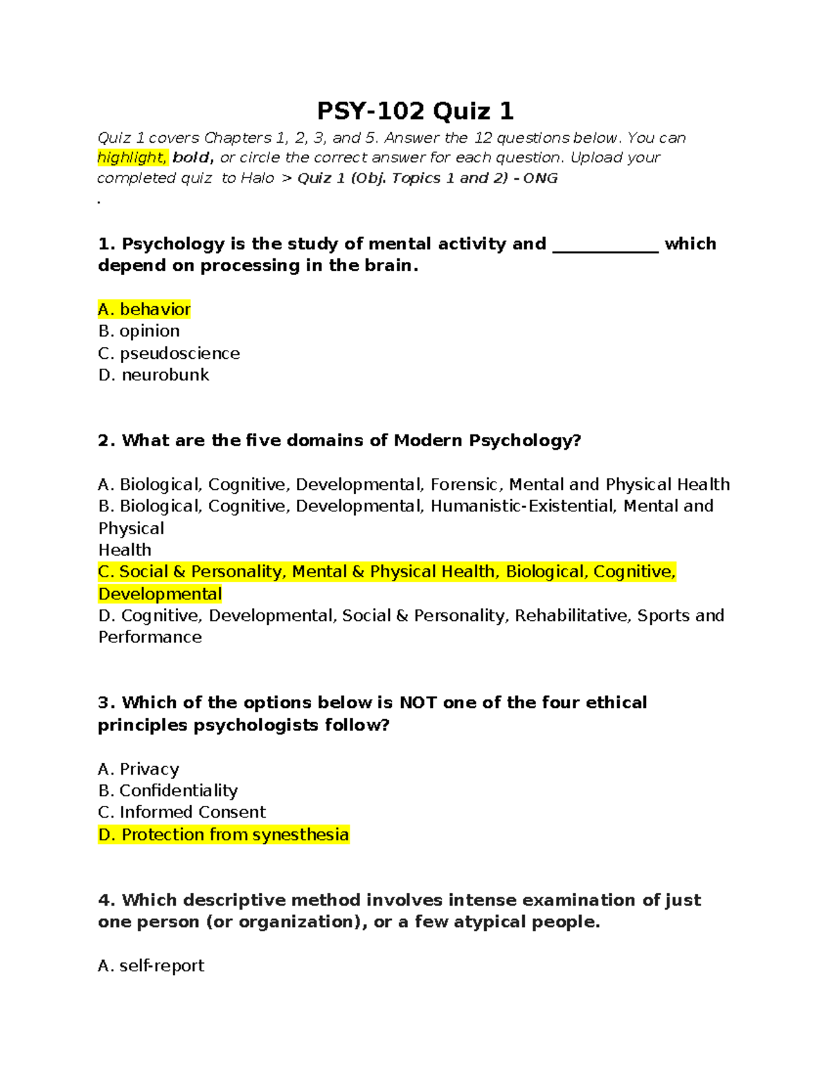 PSY102 Quiz 1 - PSY-102 Quiz 1 Quiz 1 covers Chapters 1, 2, 3, and 5. Answer the 12 questions ...
