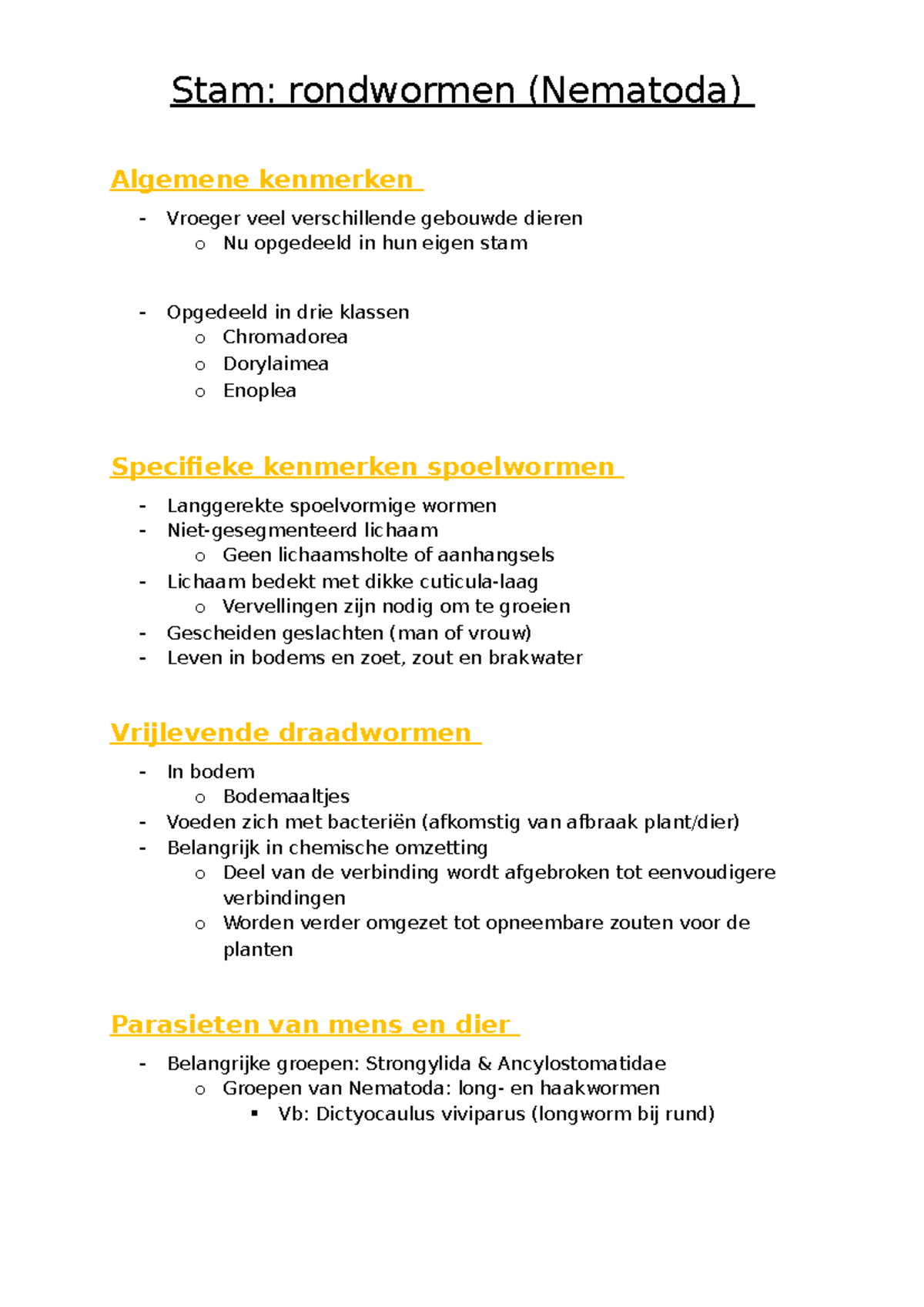 7. Stam Ringwormen - Stam: rondwormen (Nematoda) Algemene kenmerken ...