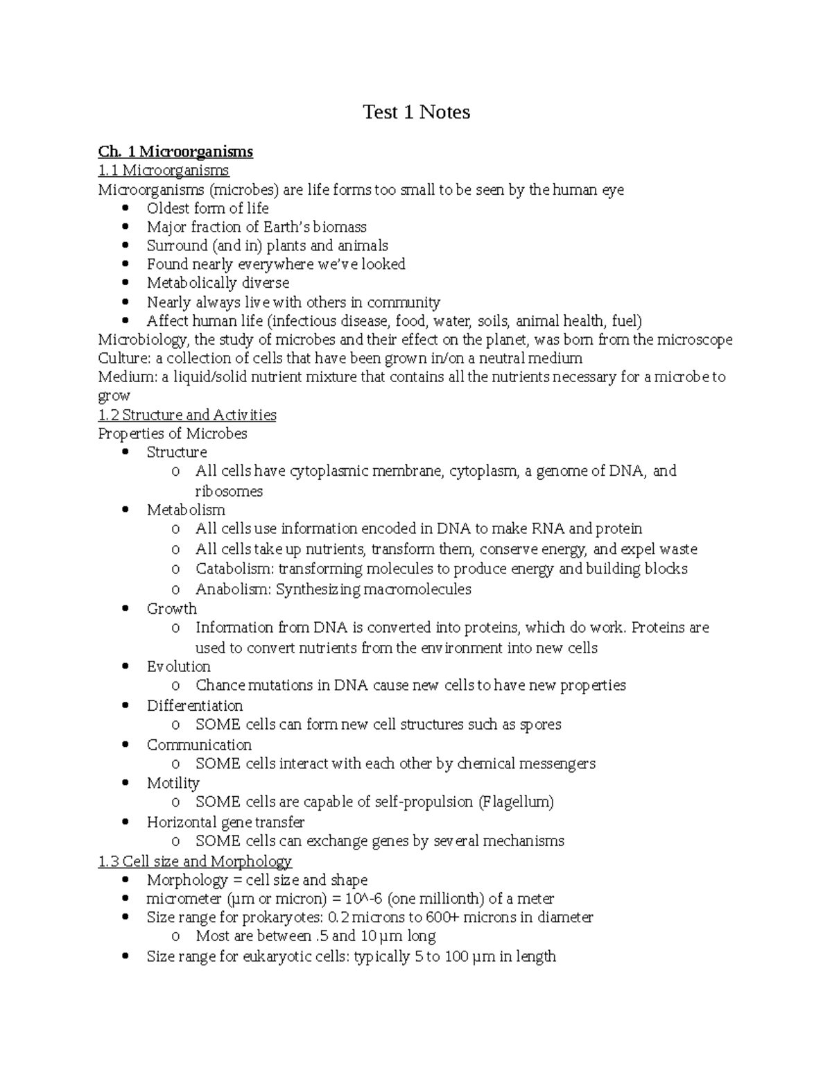 Test 1 Notes - Test 1 Notes Ch. 1 Microorganisms 1 Microorganisms ...