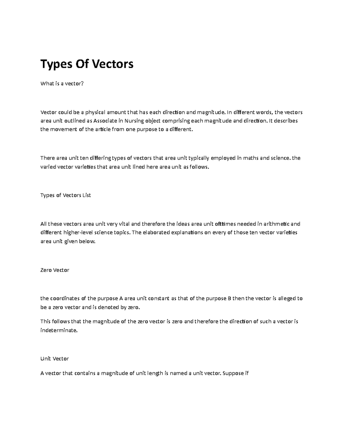 Types Of Vectors note - Types Of Vectors What is a vector? Vector could ...