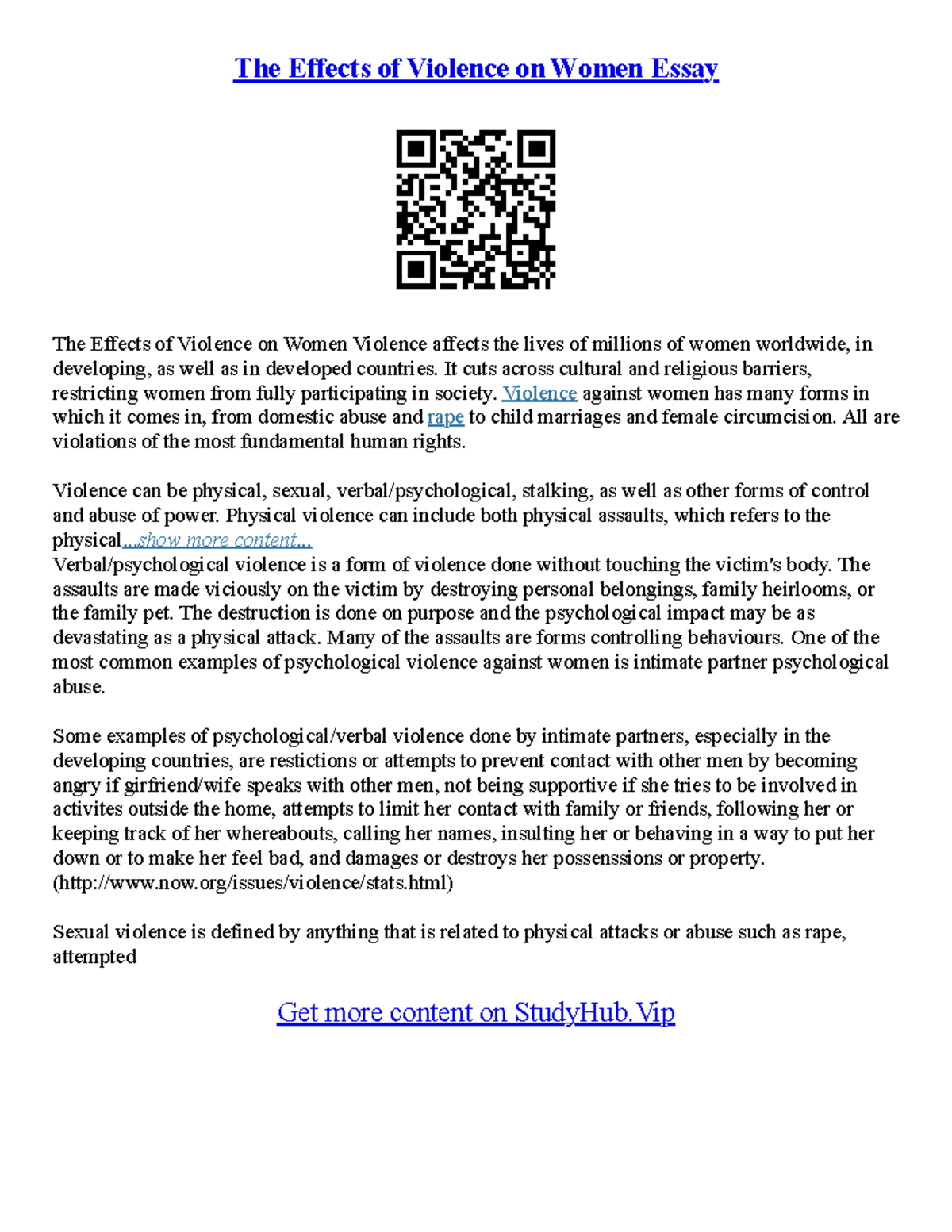 Violence Against Women Essay - The Effects of Violence on Women Essay ...