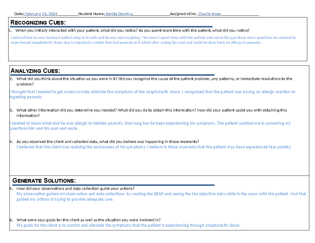 Charlie snow post sim - Date: February 13, 2024 Student Name: Benite ...