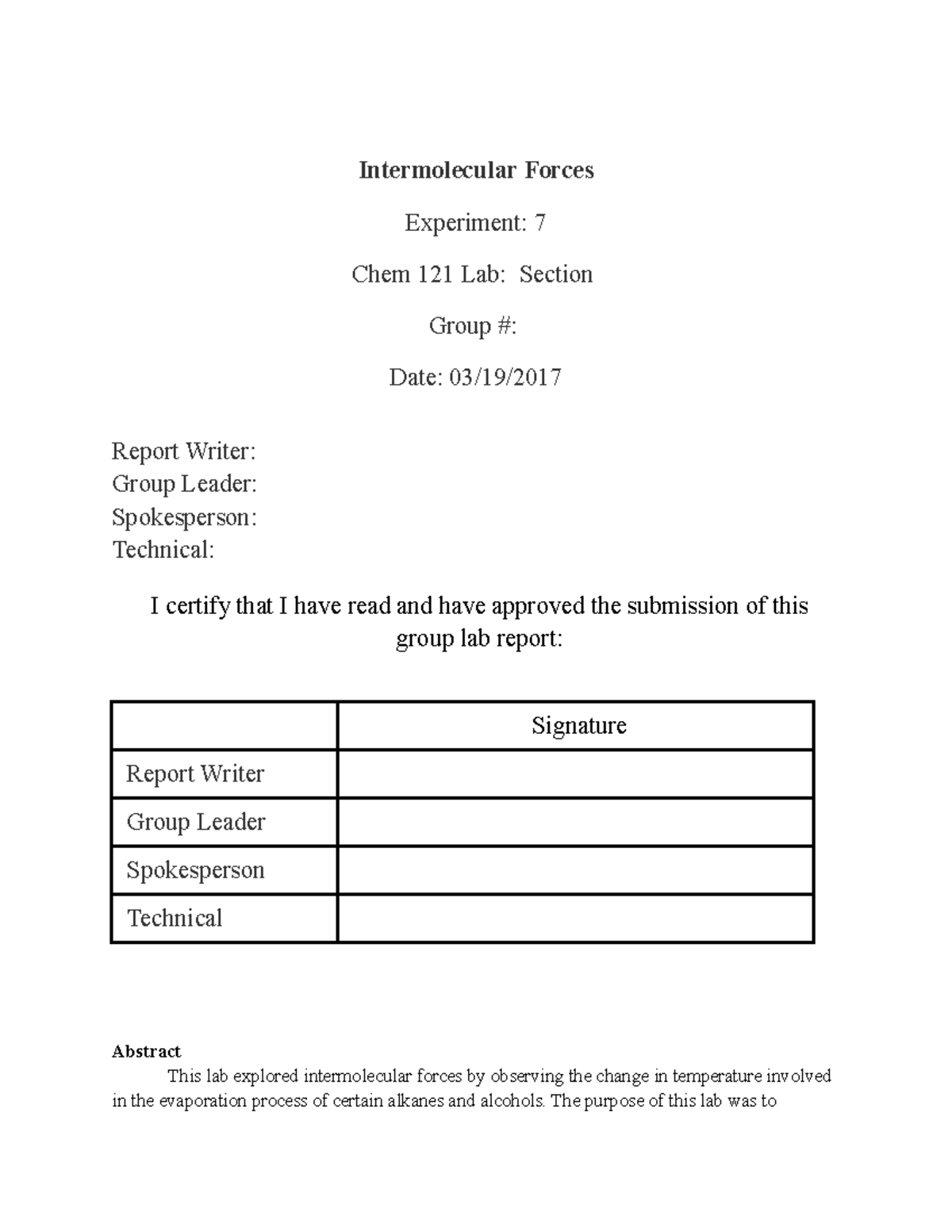 Chemistry Lab Report #7 - Intermolecular Forces Experiment: 7 Chem 121 ...