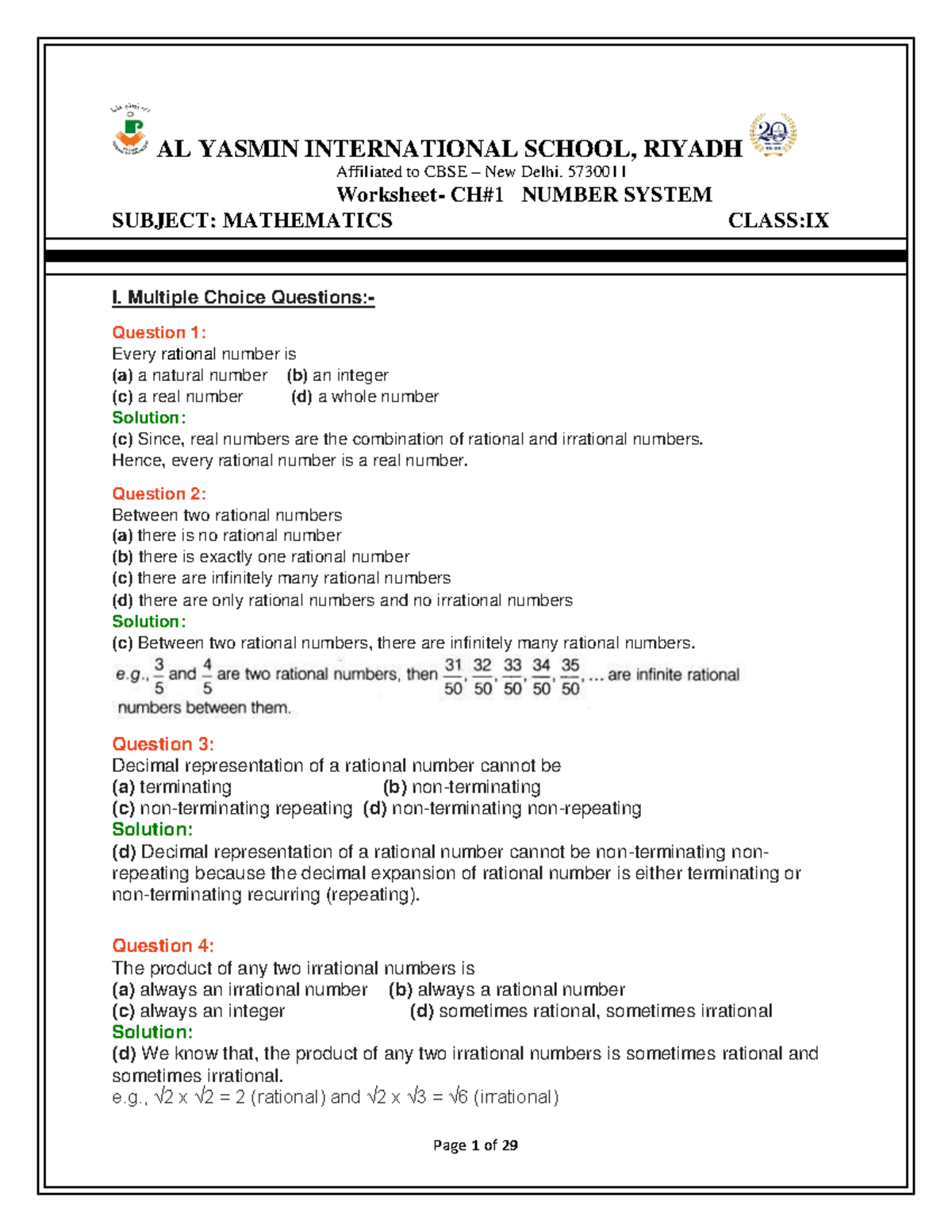 Maths 9th number system practice questions - AL YASMIN INTERNATIONAL ...