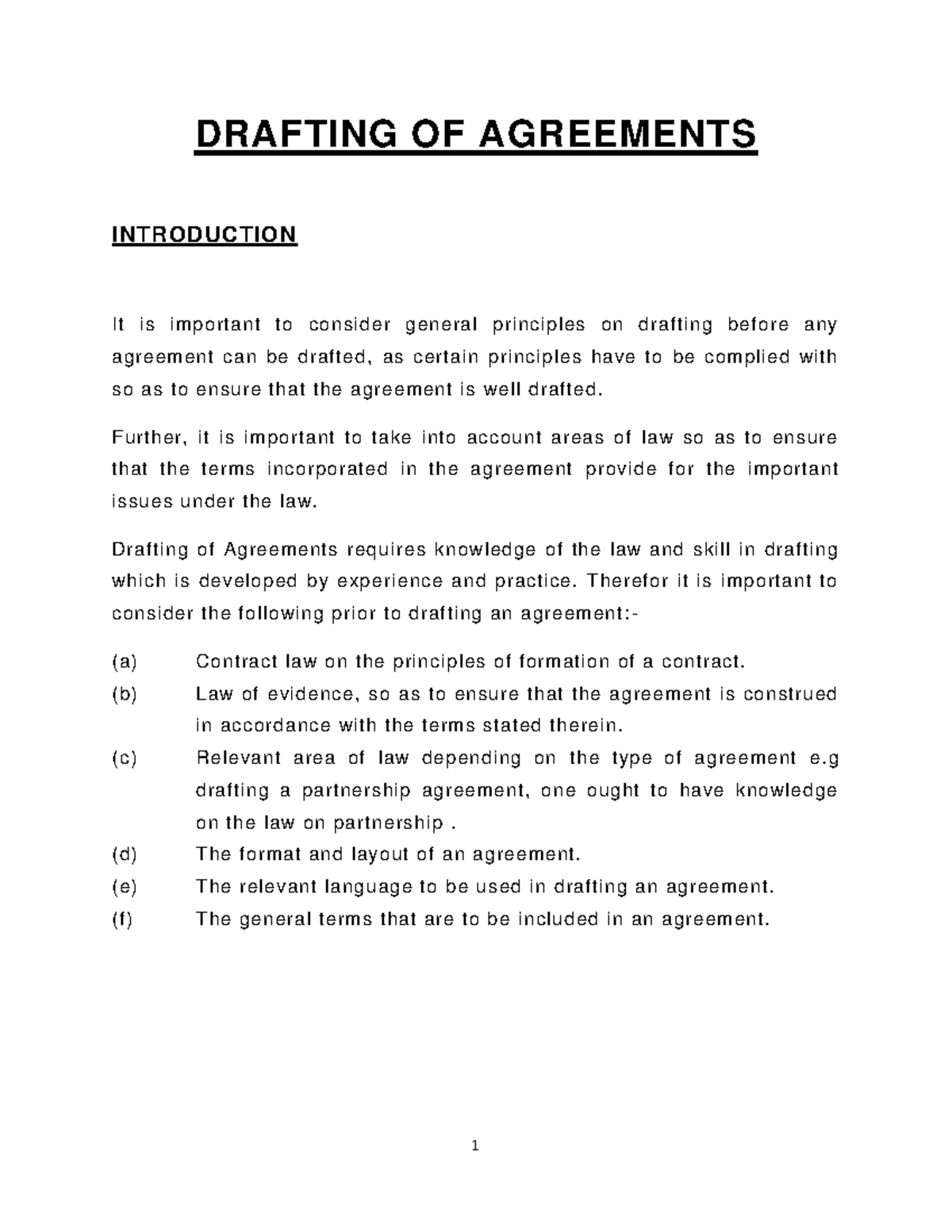 Notes On Drafting Of Agreements - DRAFTING OF AGREEMENTS INTRODUCTION ...