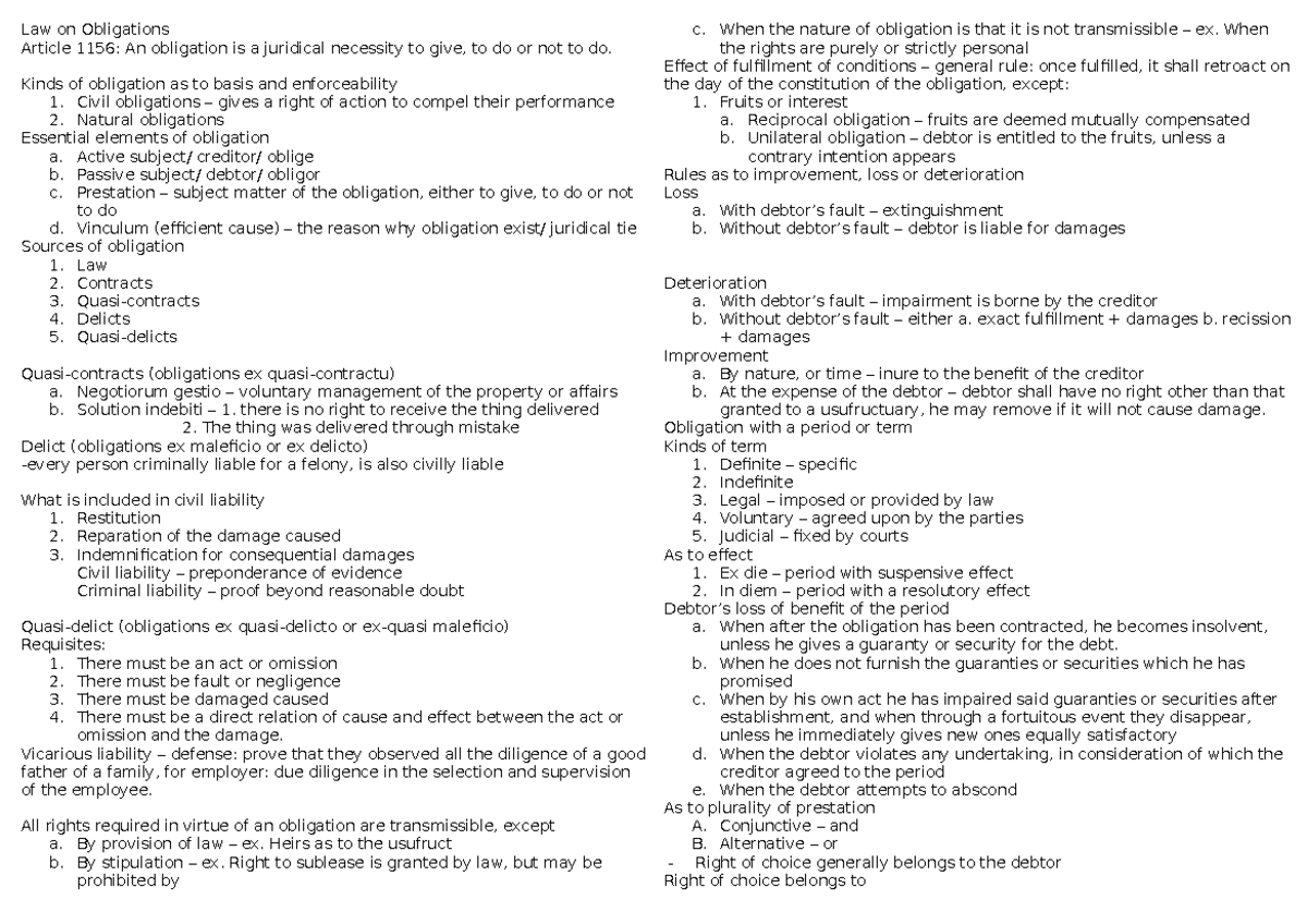 RFBT - Cpale reviewer 2022 - Law on Obligations Article 1156: An ...