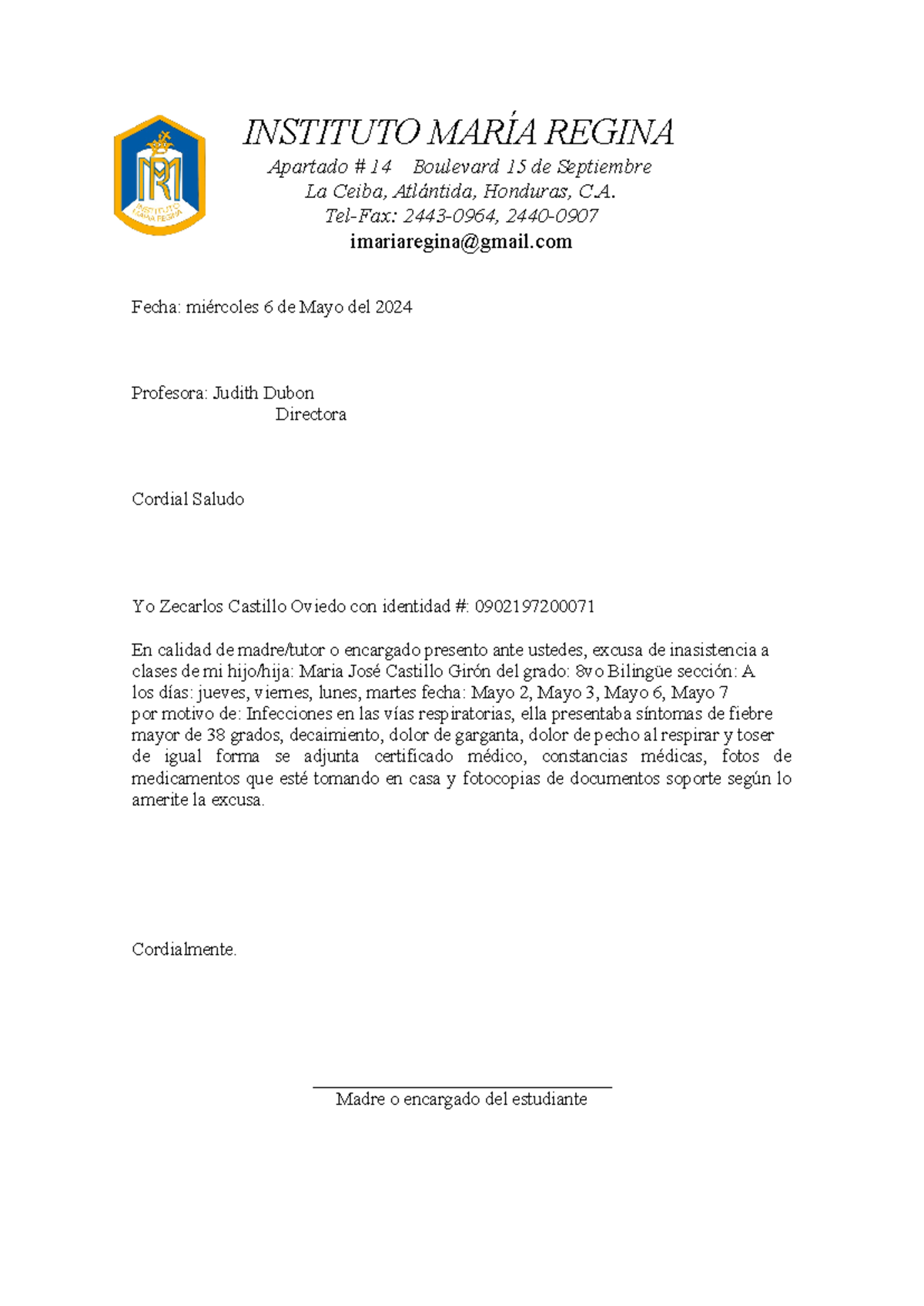 Formato de excusa mayo 7 - INSTITUTO MARÍA REGINA Apartado # 14 ...