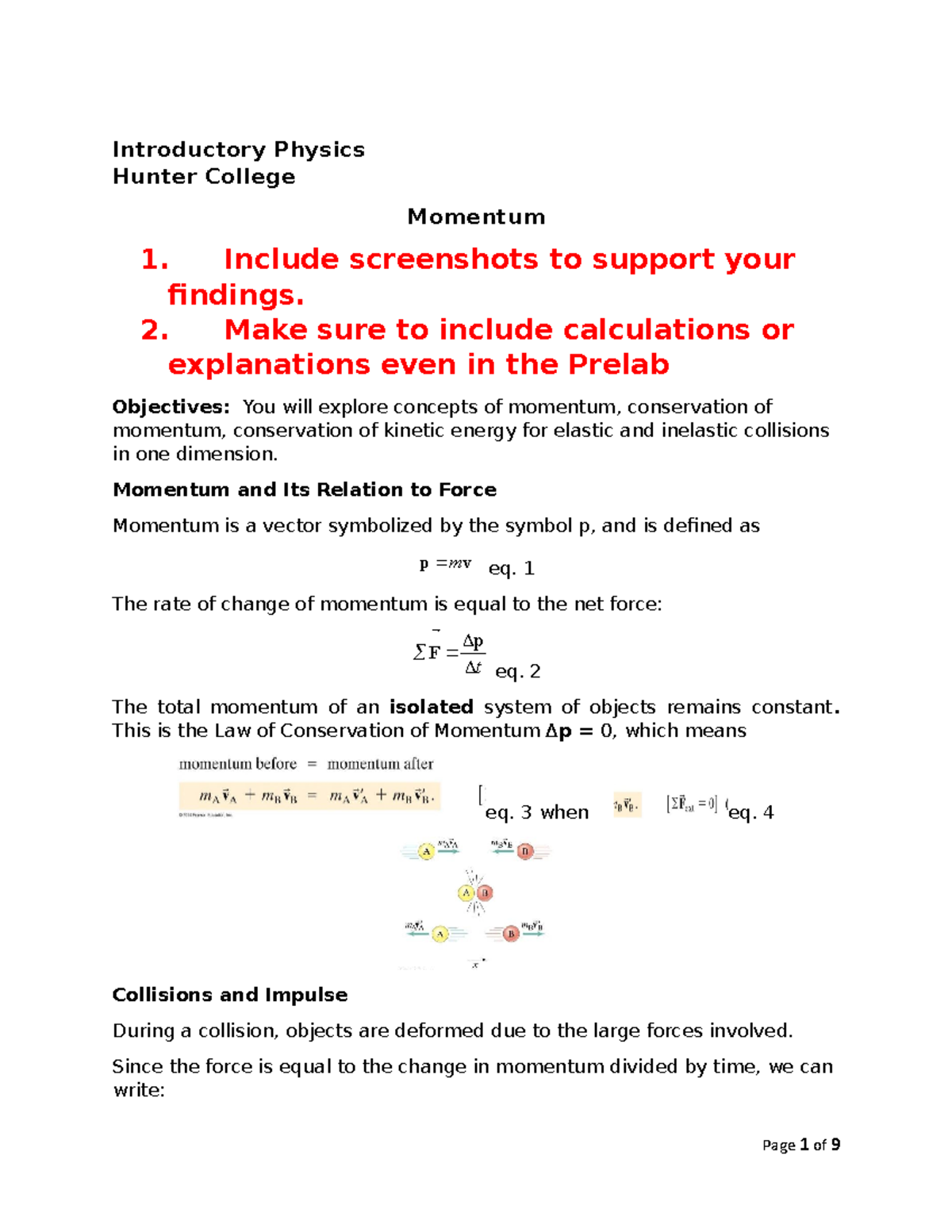 006 Momentum Lab - lab - Introductory Physics Hunter College Momentum 1 ...