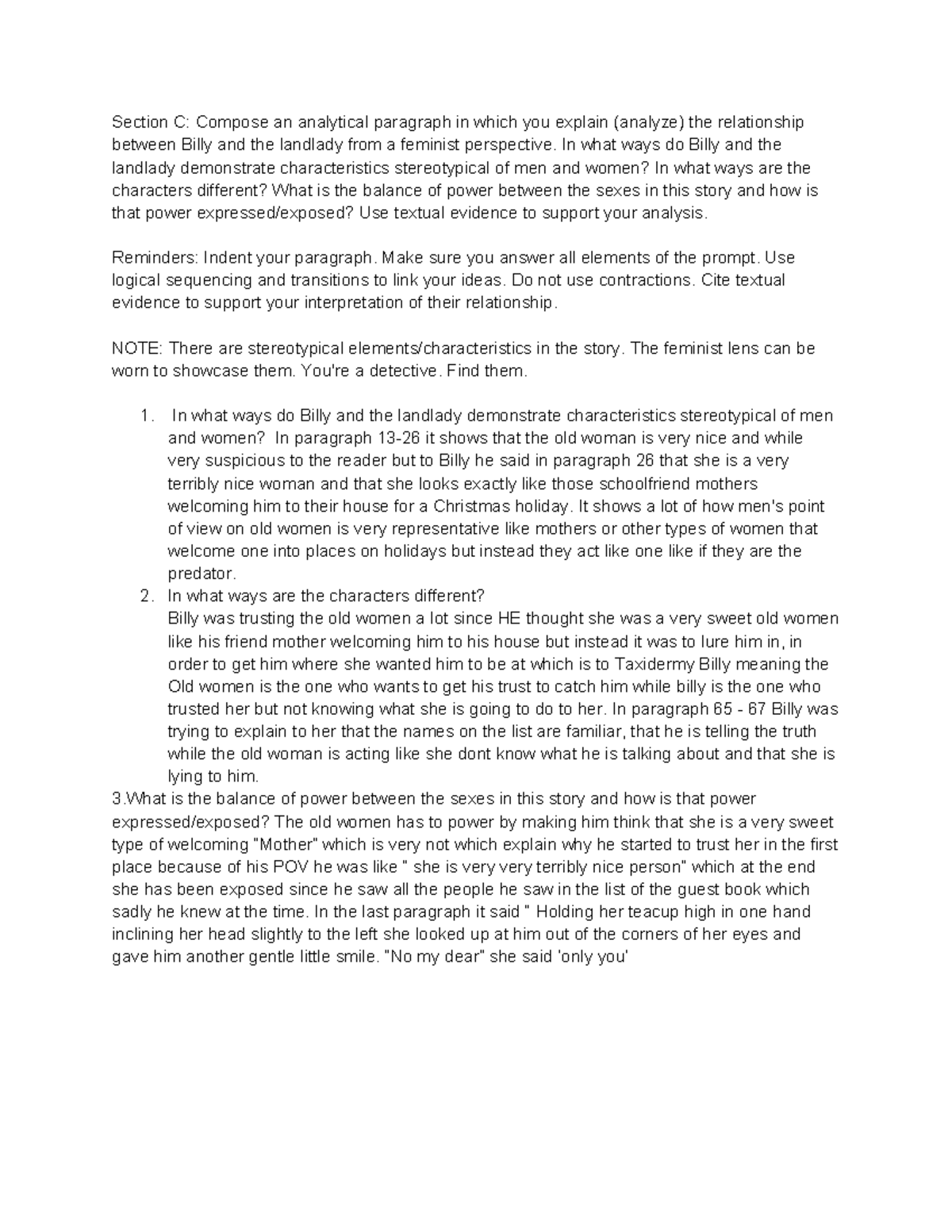 The Landlady section C - Section C: Compose an analytical paragraph in ...