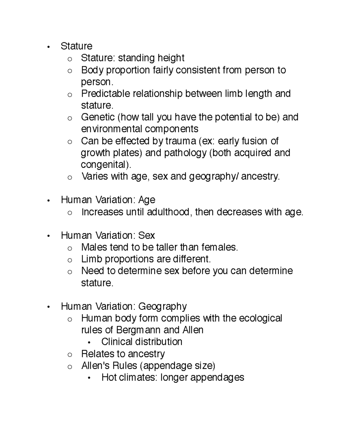 Biological Profile- Stature - Stature Stature: standing height Body ...