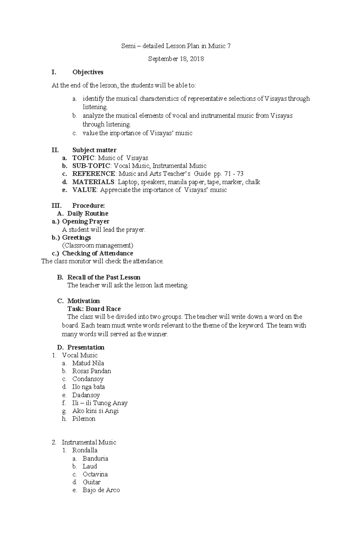 407708841 Music of Visayas DLP - Semi – detailed Lesson Plan in Music 7 ...