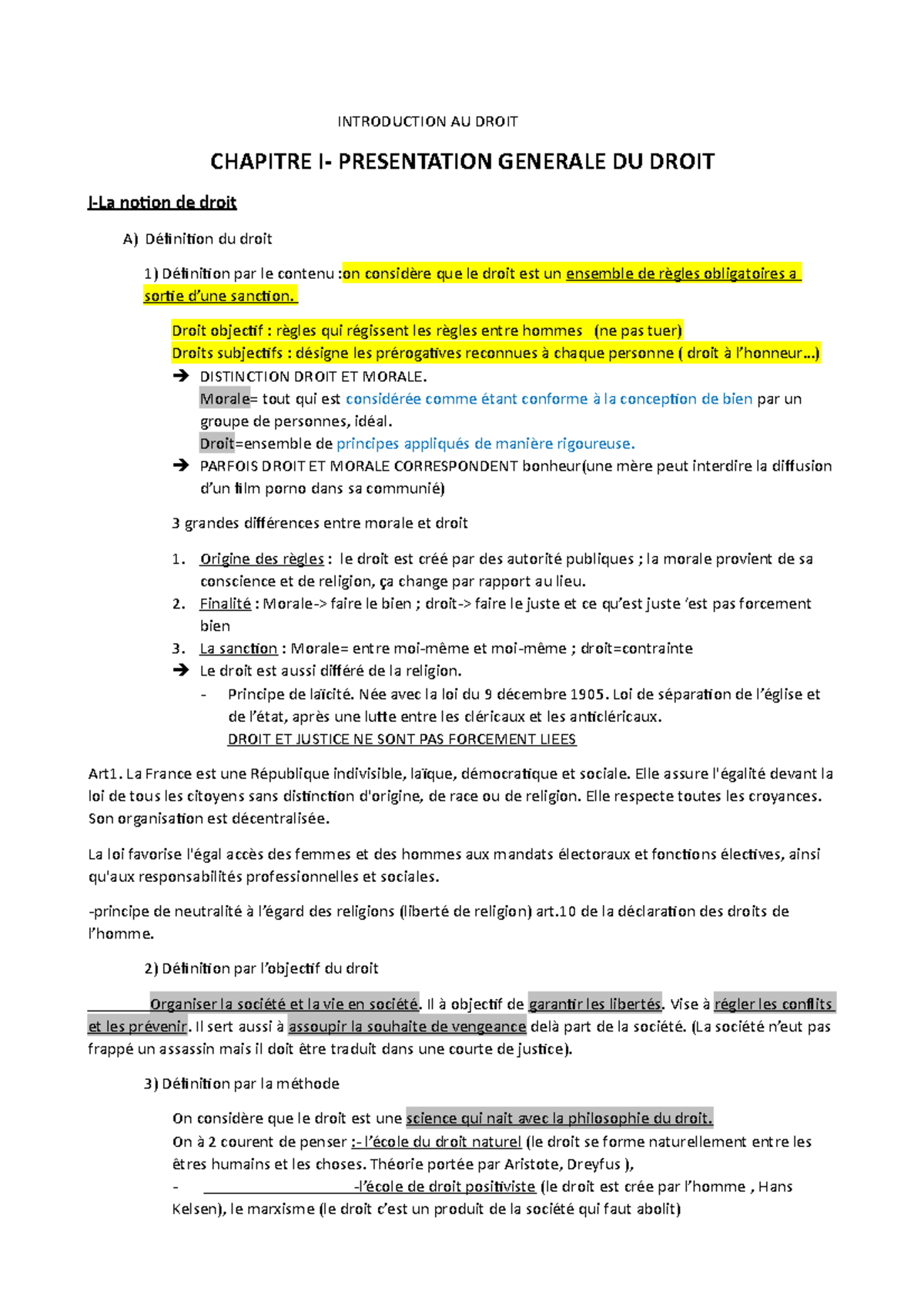 Introduction AU Droit - INTRODUCTION AU DROIT CHAPITRE I- PRESENTATION GENERALE DU DROIT I-La ...