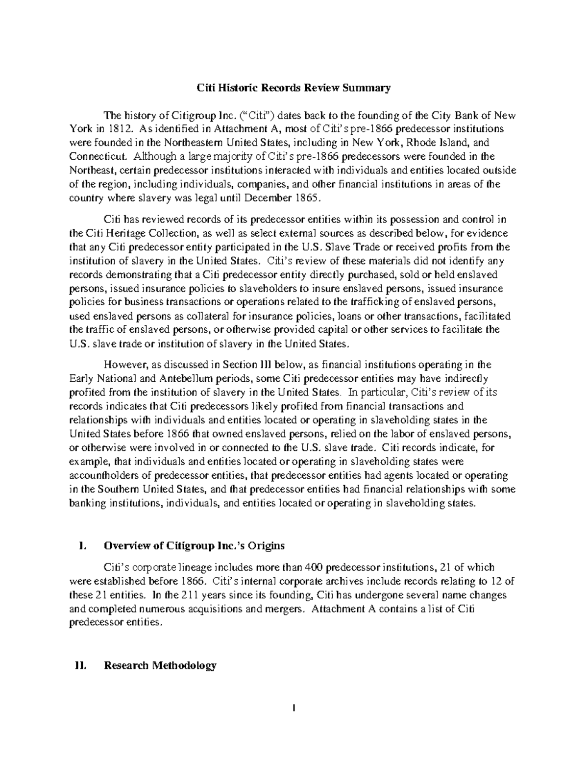 Citi Historic Records Review Summary - (“Citi”) dates back to the ...