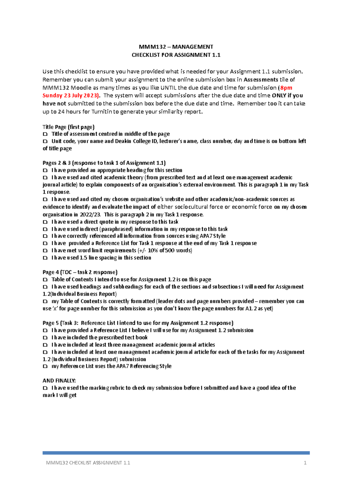 Checklist for Assignment 1.1 Submission - MMM132 – MANAGEMENT CHECKLIST ...