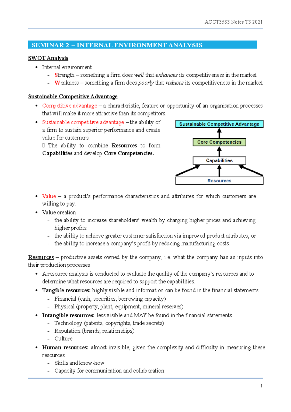 Seminar 2 Notes - SEMINAR 2 – INTERNAL ENVIRONMENT ANALYSIS SWOT ...