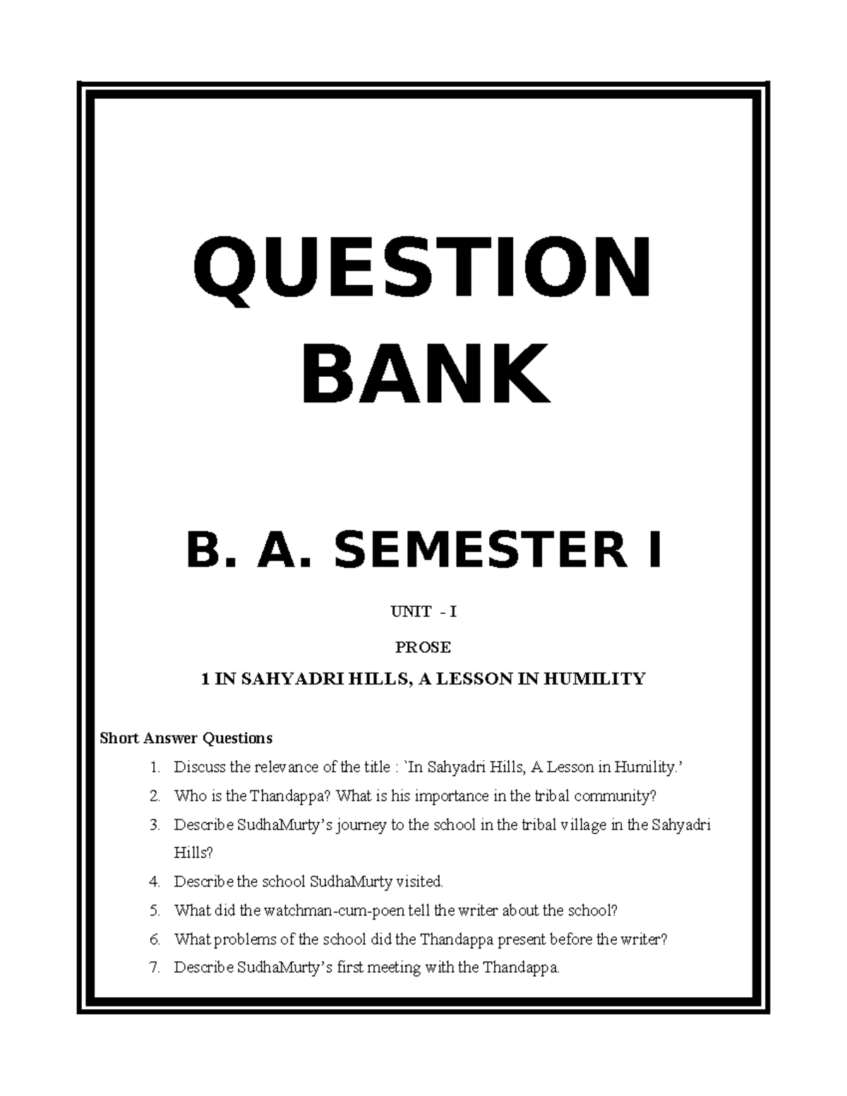 1769048970 B. A. I Semester I Question Bank (1) - QUESTION BANK B. A ...