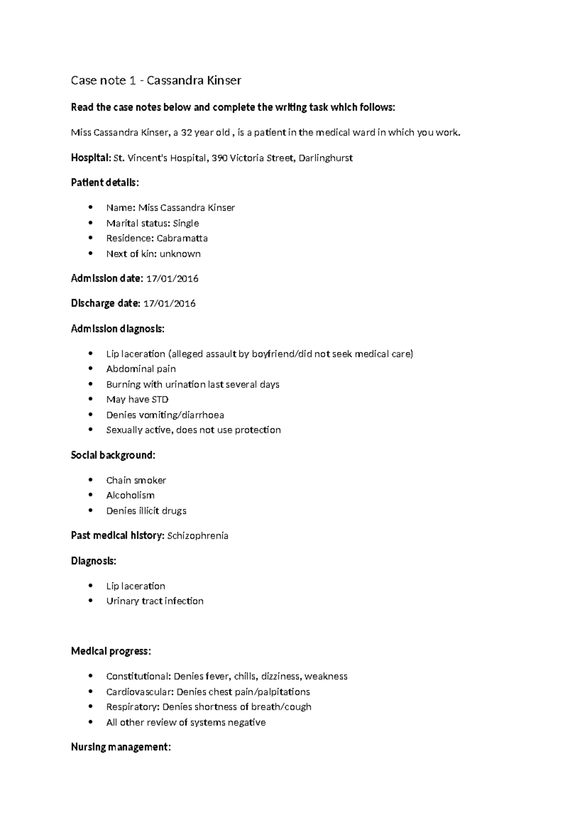 Case note 1 - Case note - Case note 1 - Cassandra Kinser Read the case ...