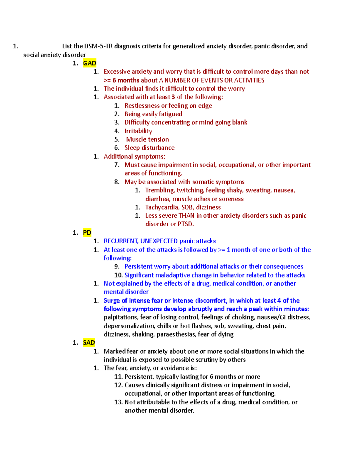 Anxiety Disorders - Psych Exam 1 - 1. List the DSM-5-TR diagnosis ...