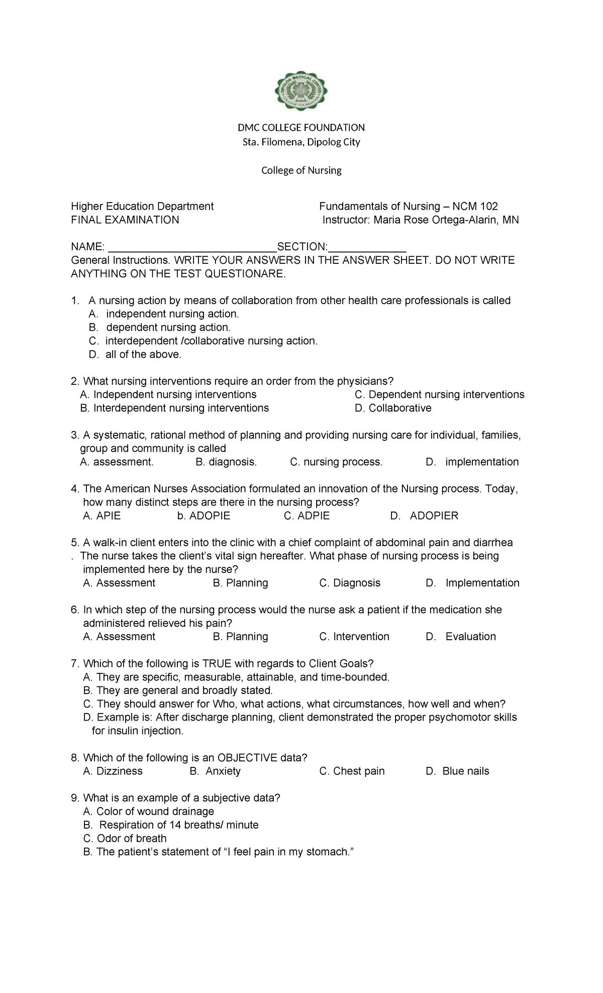 Fundamentals Final EXAM - DMC COLLEGE FOUNDATION Sta. Filomena, Dipolog ...