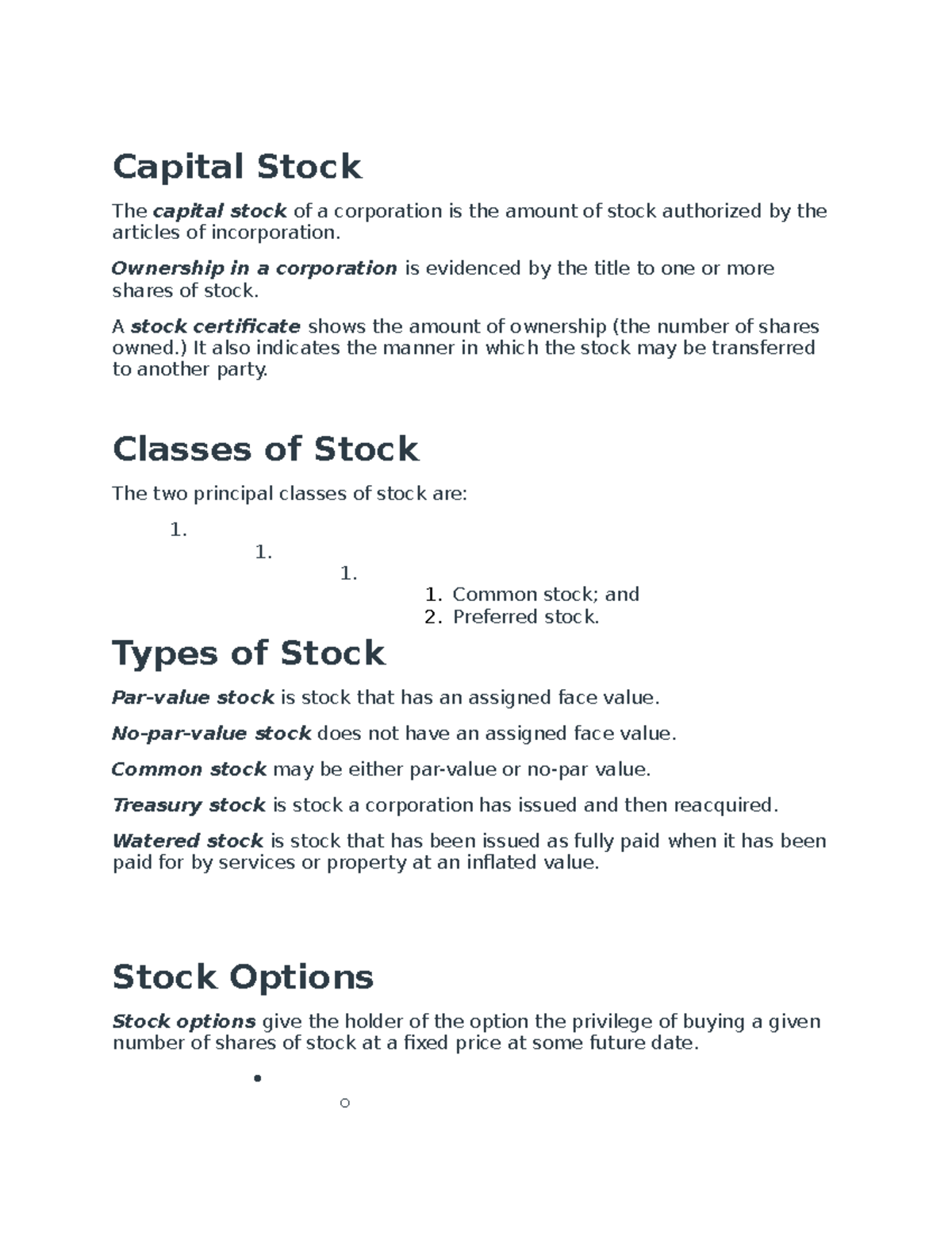 Stocks - Class lecture notes - Capital Stock The capital stock of a ...