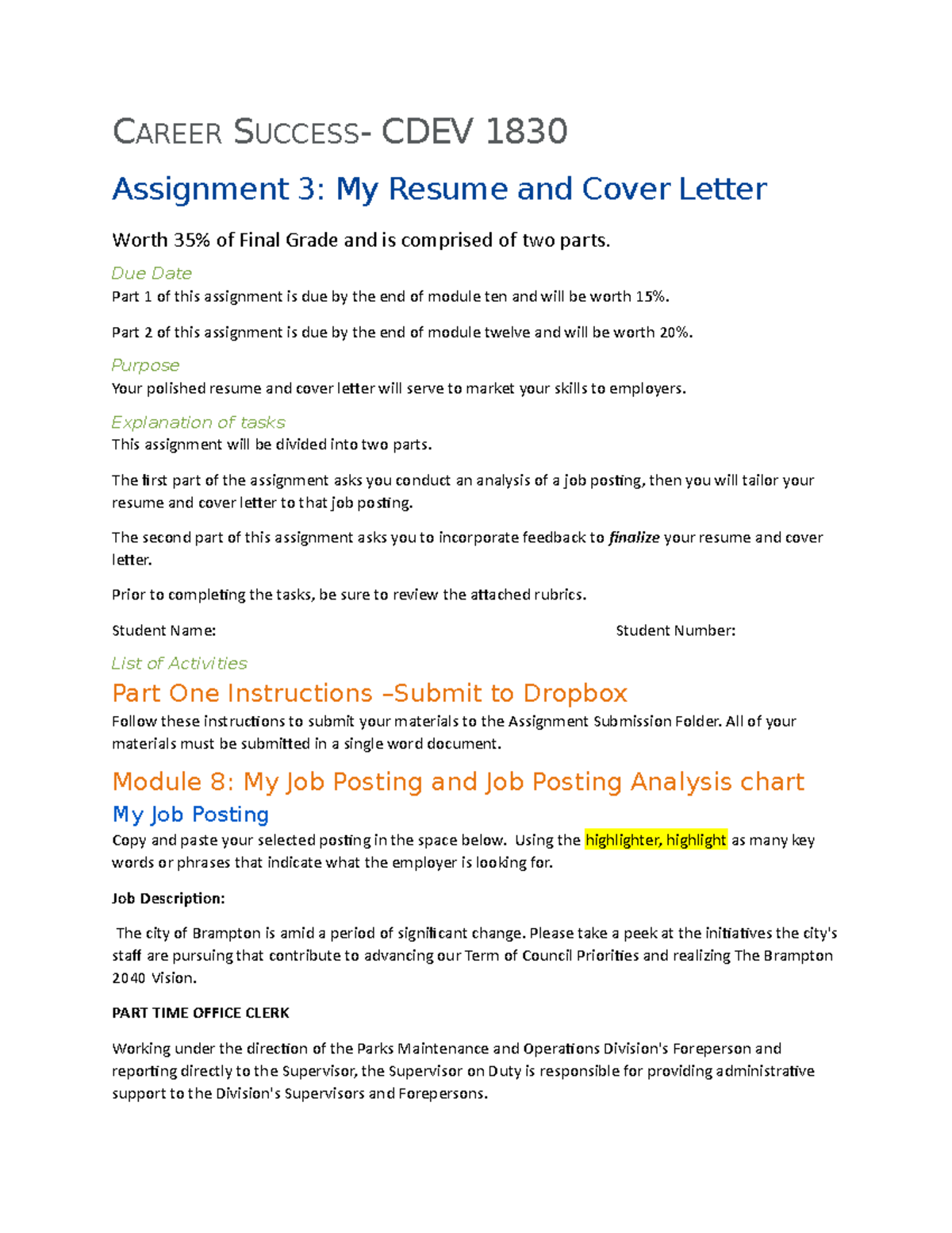 CDEV1830 Career Success Assignment 3 My Resume and Cover Letter - CAREER SUCCESS- CDEV 1830 ...