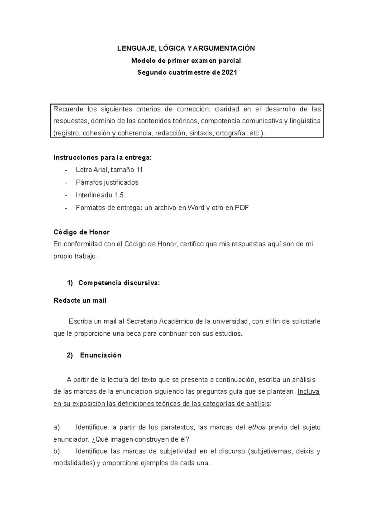 Modelo de primer parcial - LENGUAJE, LÓGICA Y ARGUMENTACIÓN Modelo de primer examen parcial ...