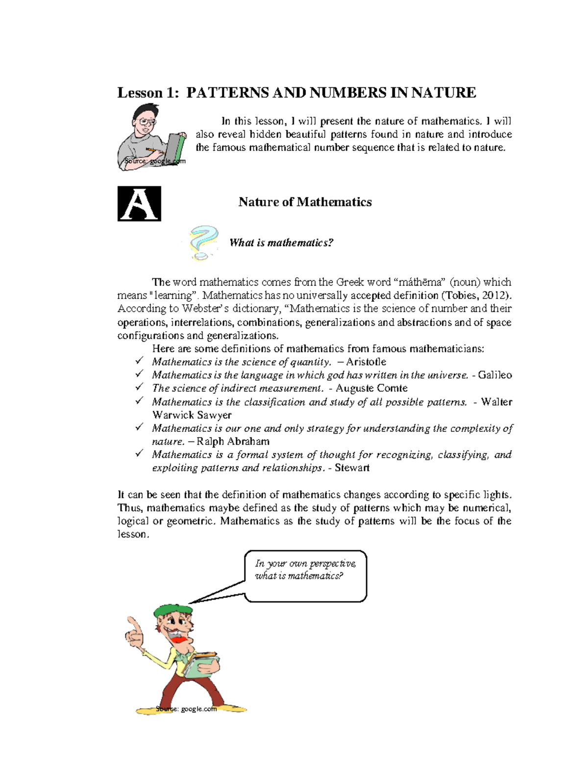 Lesson 1 - Just notes - Lesson 1: PATTERNS AND NUMBERS IN NATURE In ...