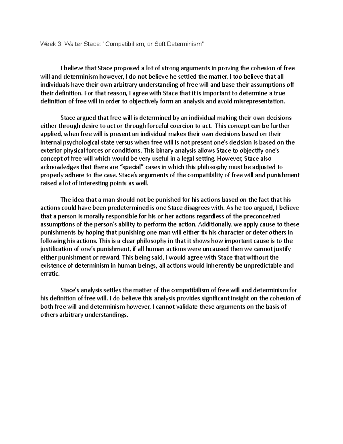 Week 3 walter stace discussion post mandatory - CLAS 2000 - U of G ...