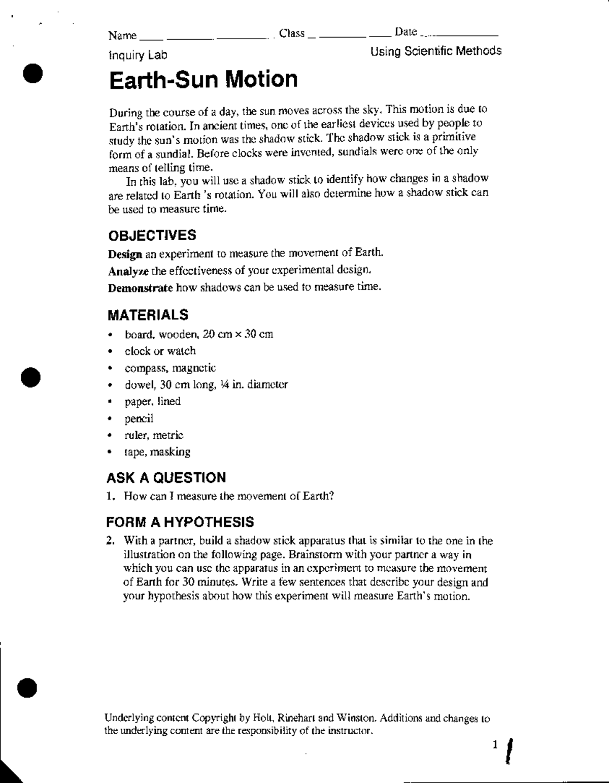 Earth sun motion lab - lab - Name Class Date Inquiry Lab Using ...