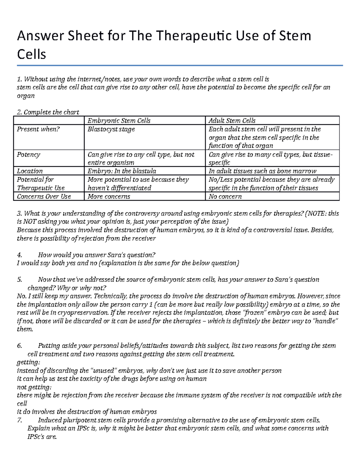 Therapeutic Use of Stem Cells recitation worksheet - Answer Sheet for ...