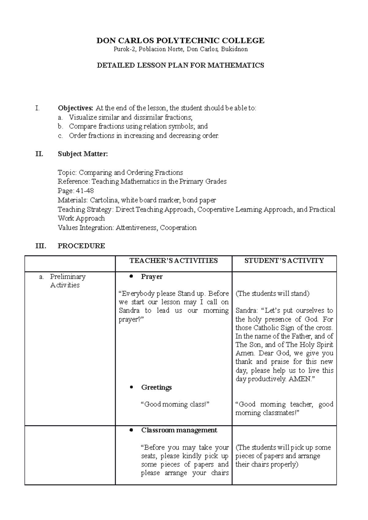 My lesson plan - DON CARLOS POLYTECHNIC COLLEGE Purok-2, Poblacion ...