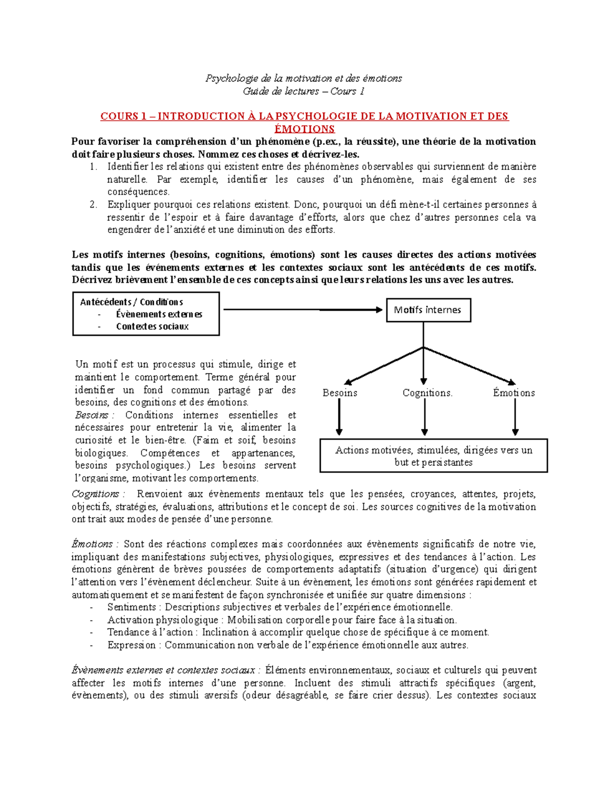 Guide de lecture Cours 1 - Psychologie de la motivation et des émotions ...