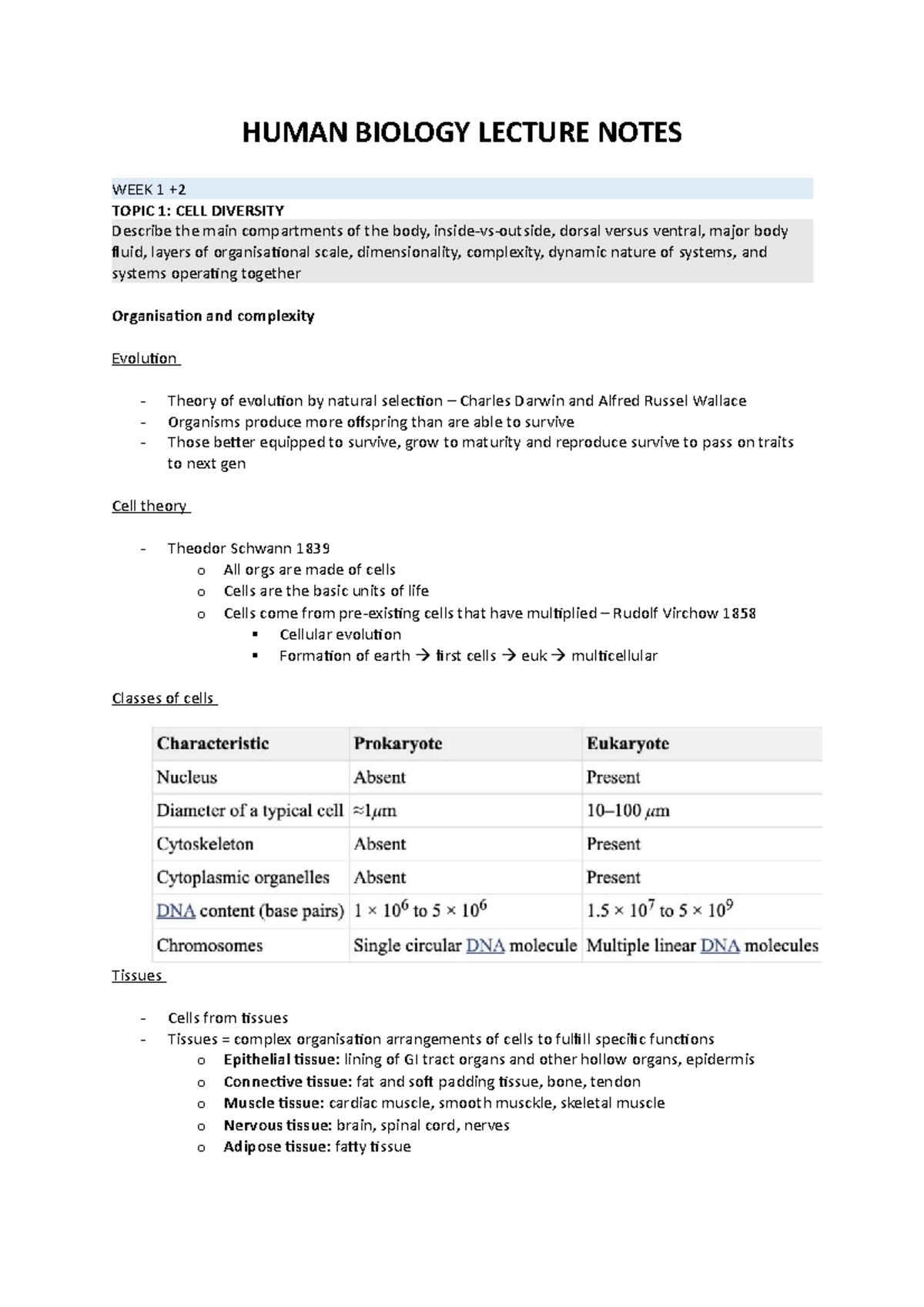 Human Biology Lecture Notes - HUMAN BIOLOGY LECTURE NOTES WEEK 1 ...