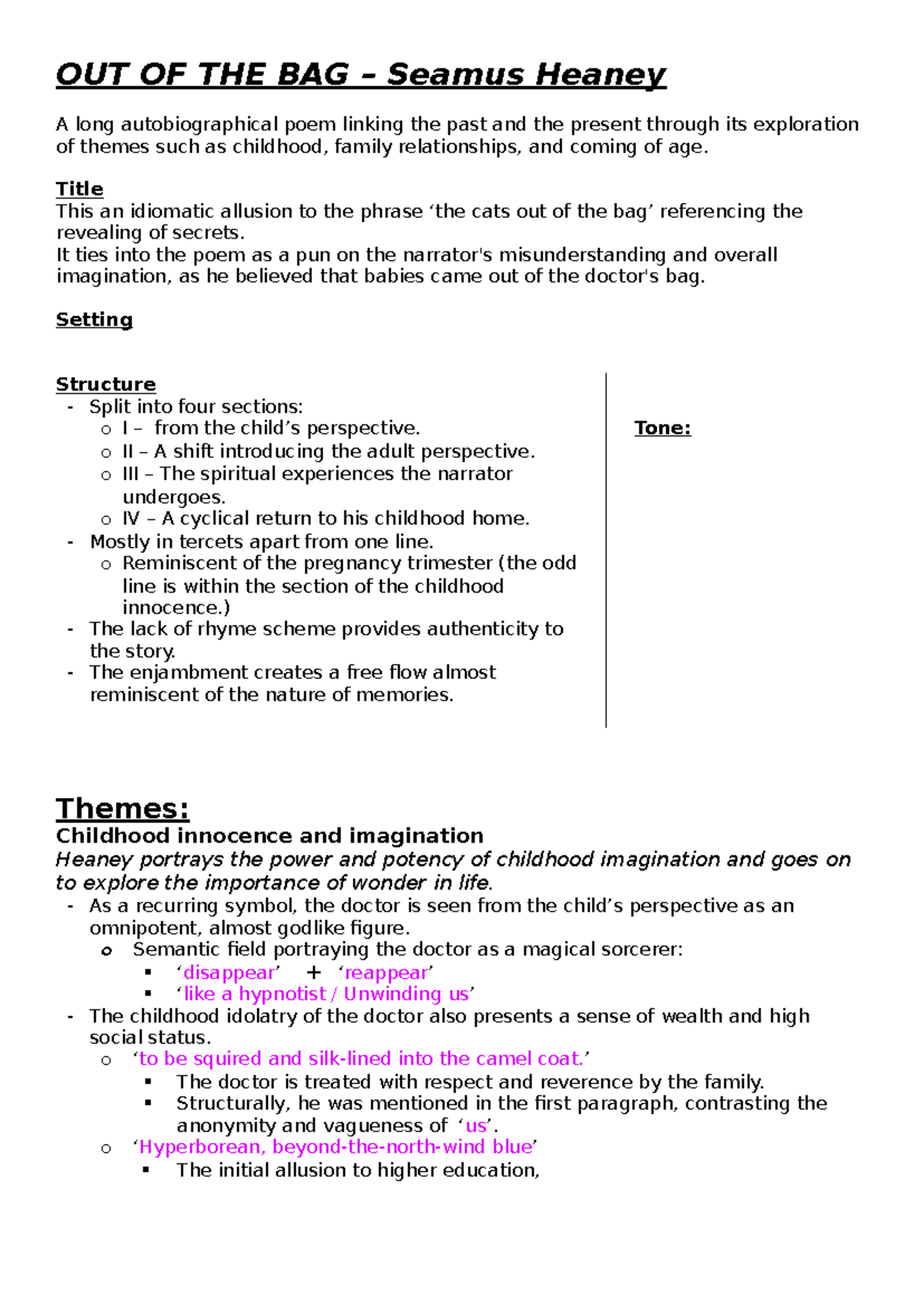 OUT OF THE BAG - Notes - OUT OF THE BAG – Seamus Heaney A long ...