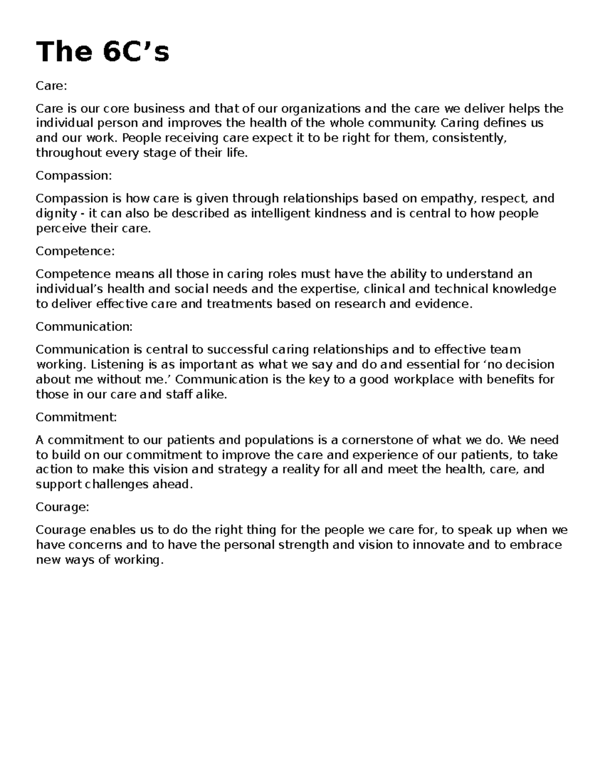 The 6C's - this document is about the 6C's - The 6C’s Care: Care is our ...